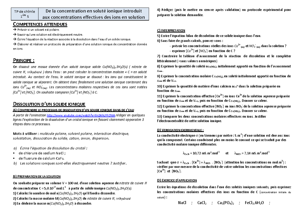 1S-CHAP10-TP+dissolution+solide+ionique - De la concentration en soluté ionique introduitTP de ...