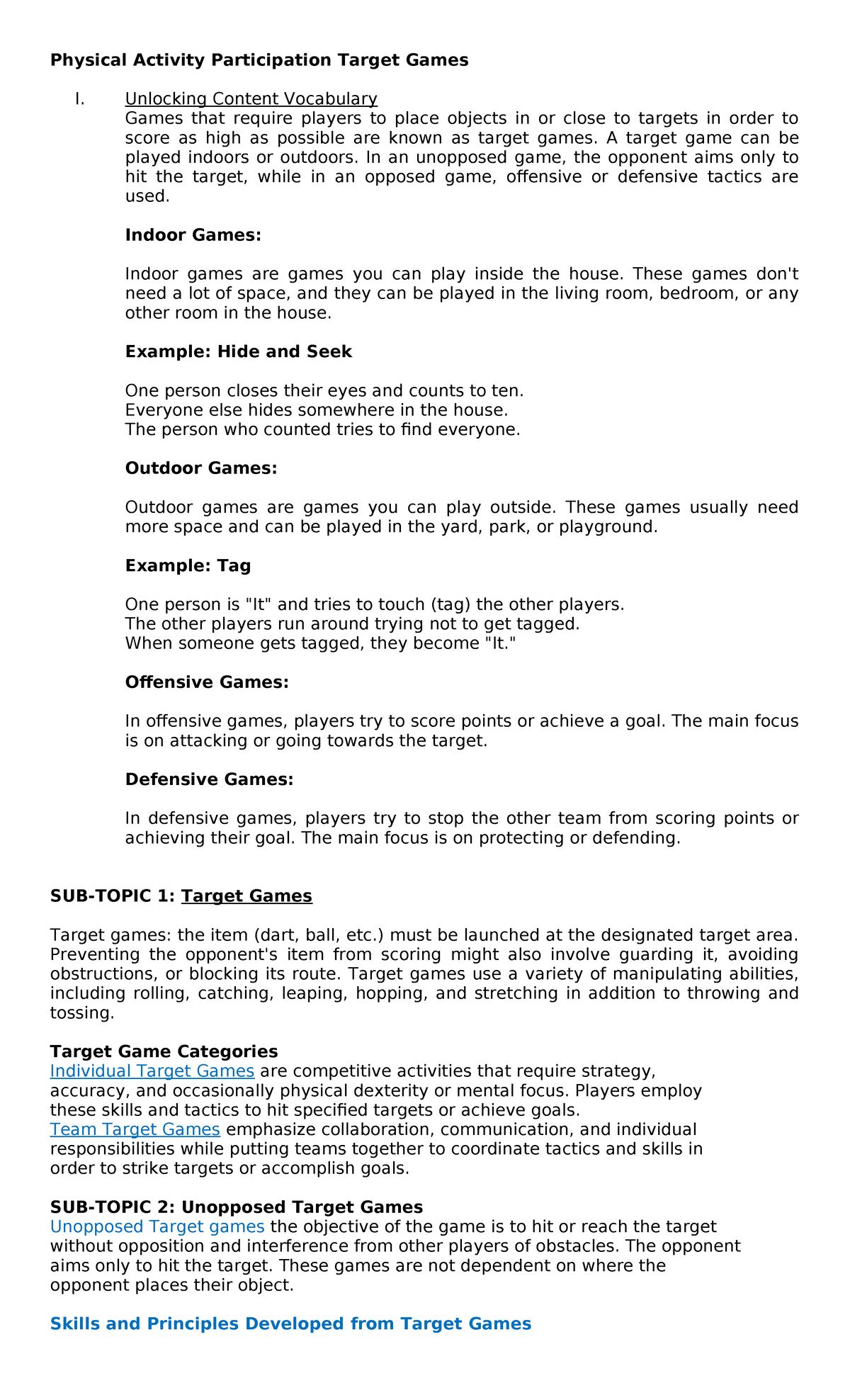 Target Games in Physical Activity Participation for Grade 7 - Studocu