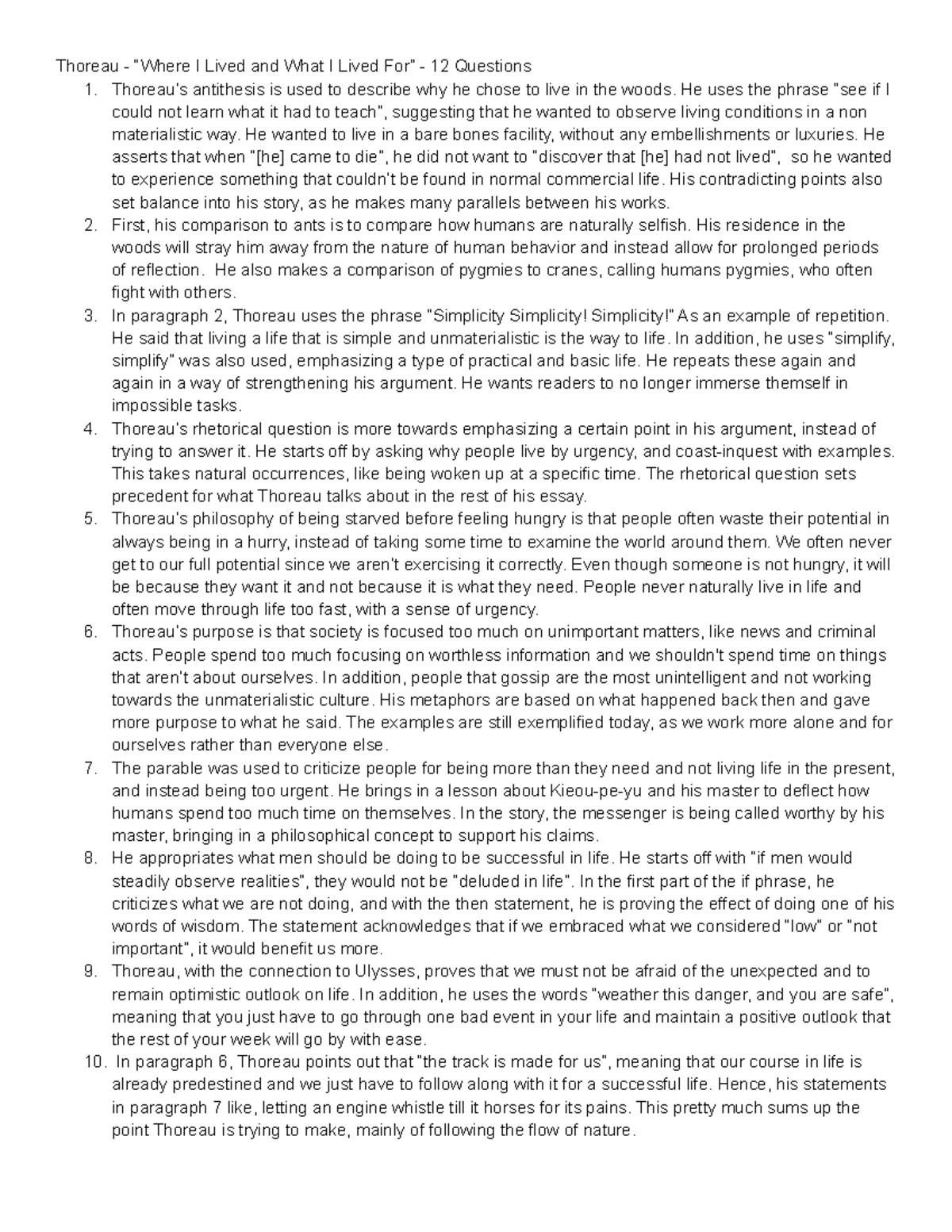 Thoreau Where I Lived Qs - Thoreau - “Where I Lived and What I Lived ...