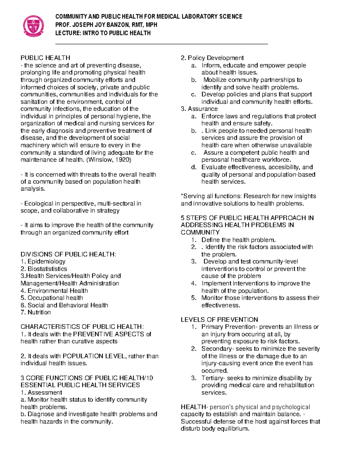 Public Health 101 - Lecture Notes by Prof. Joseph Joy Banzon - Studocu