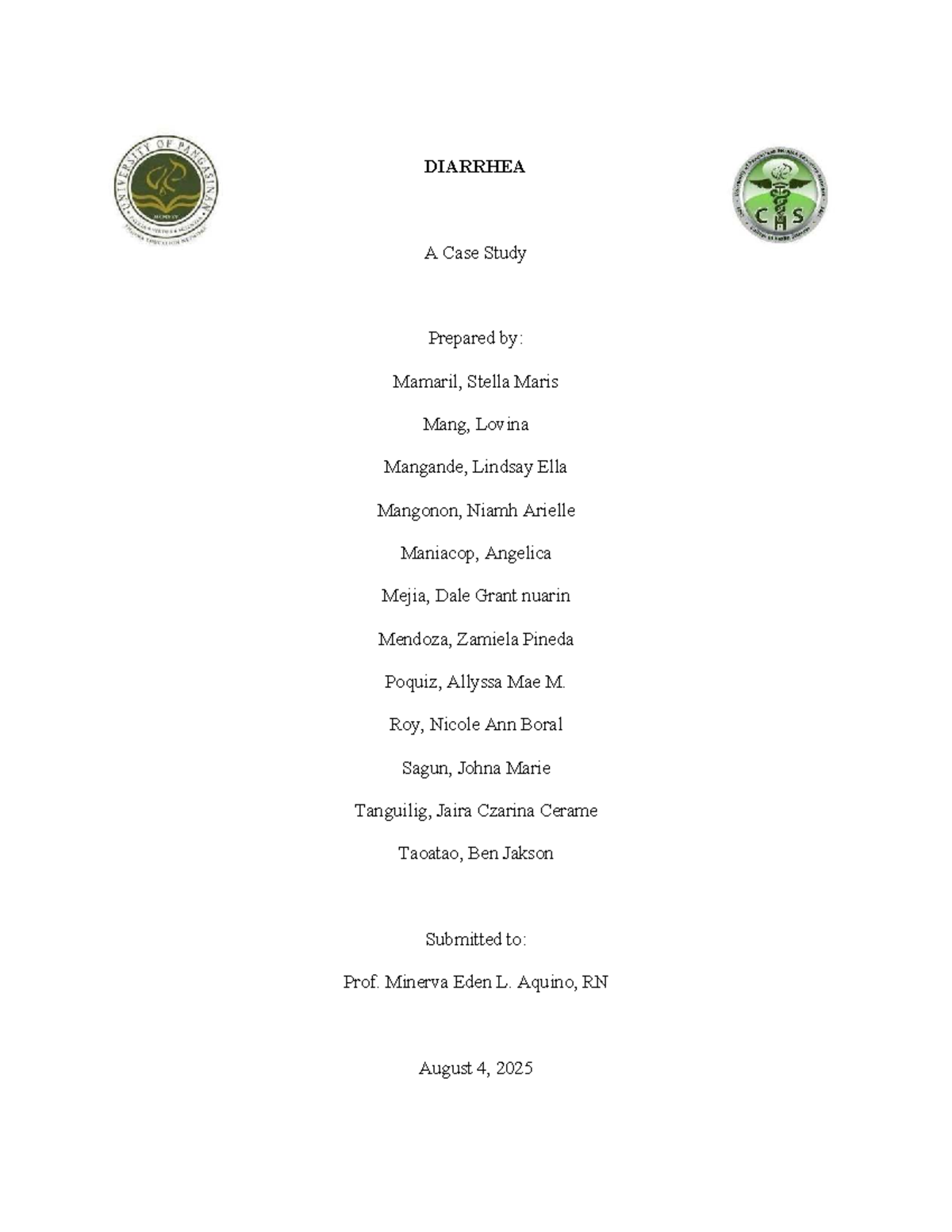 CASE Analysis of Diarrhea: A Comprehensive Study (NURS 4BSN) - Studocu