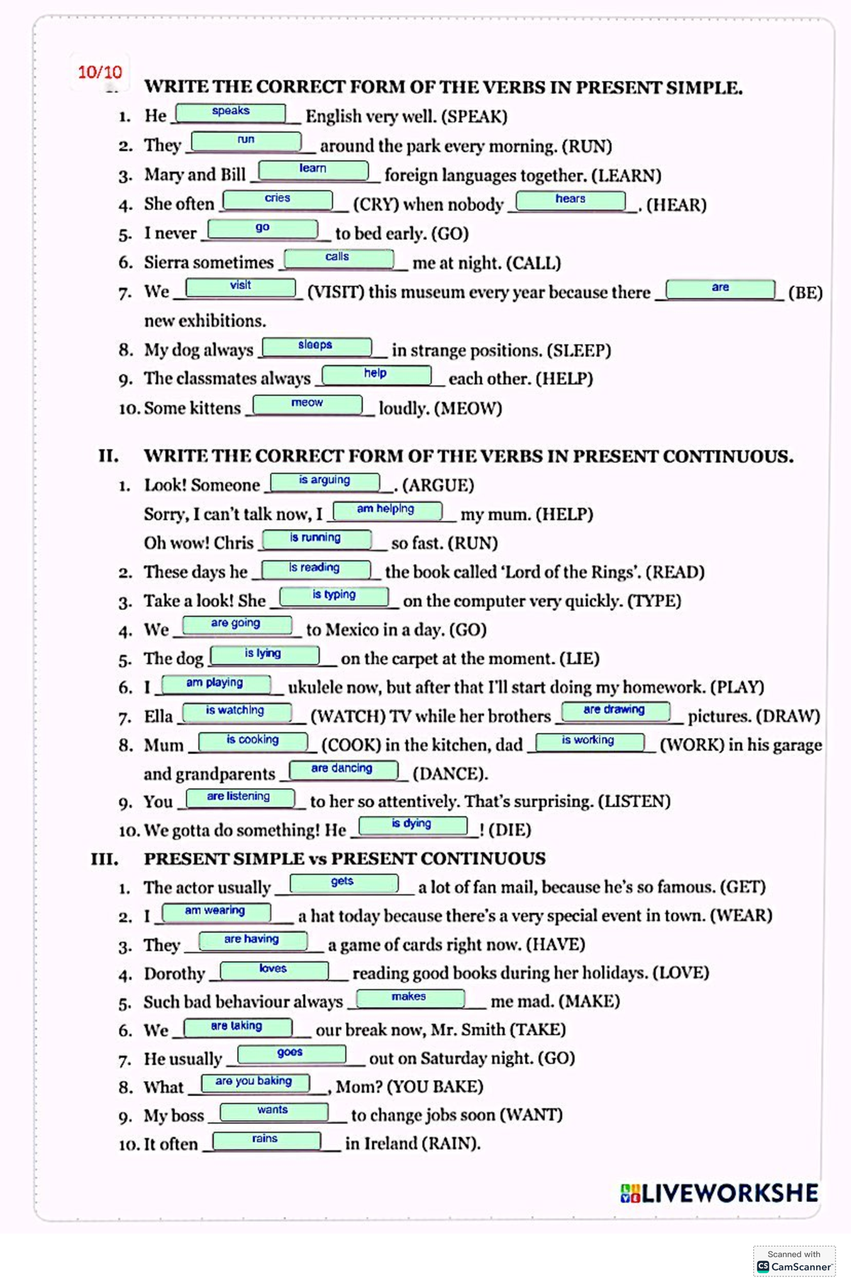 Inglés activity - WRITE THE CORRECT FORM OF THE VERBS IN PRESENT SIMPLE ...