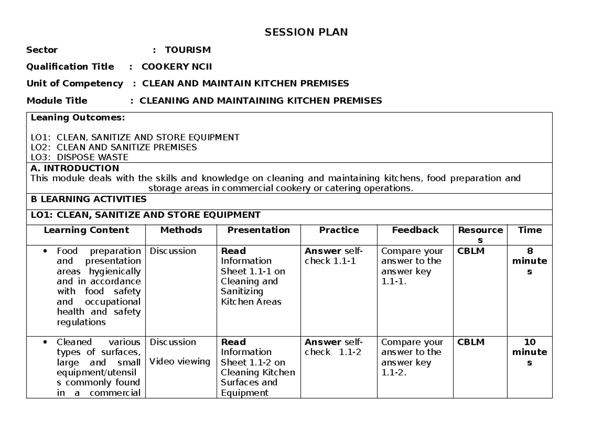 Session Plan: Cleaning & Maintaining Kitchen (Cookery NCII) - Studocu