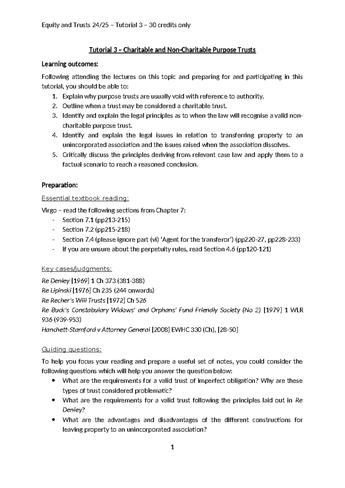 Tutorial 3 - worksheet - Equity and Trusts 24/25 – Tutorial 3 – 30 ...
