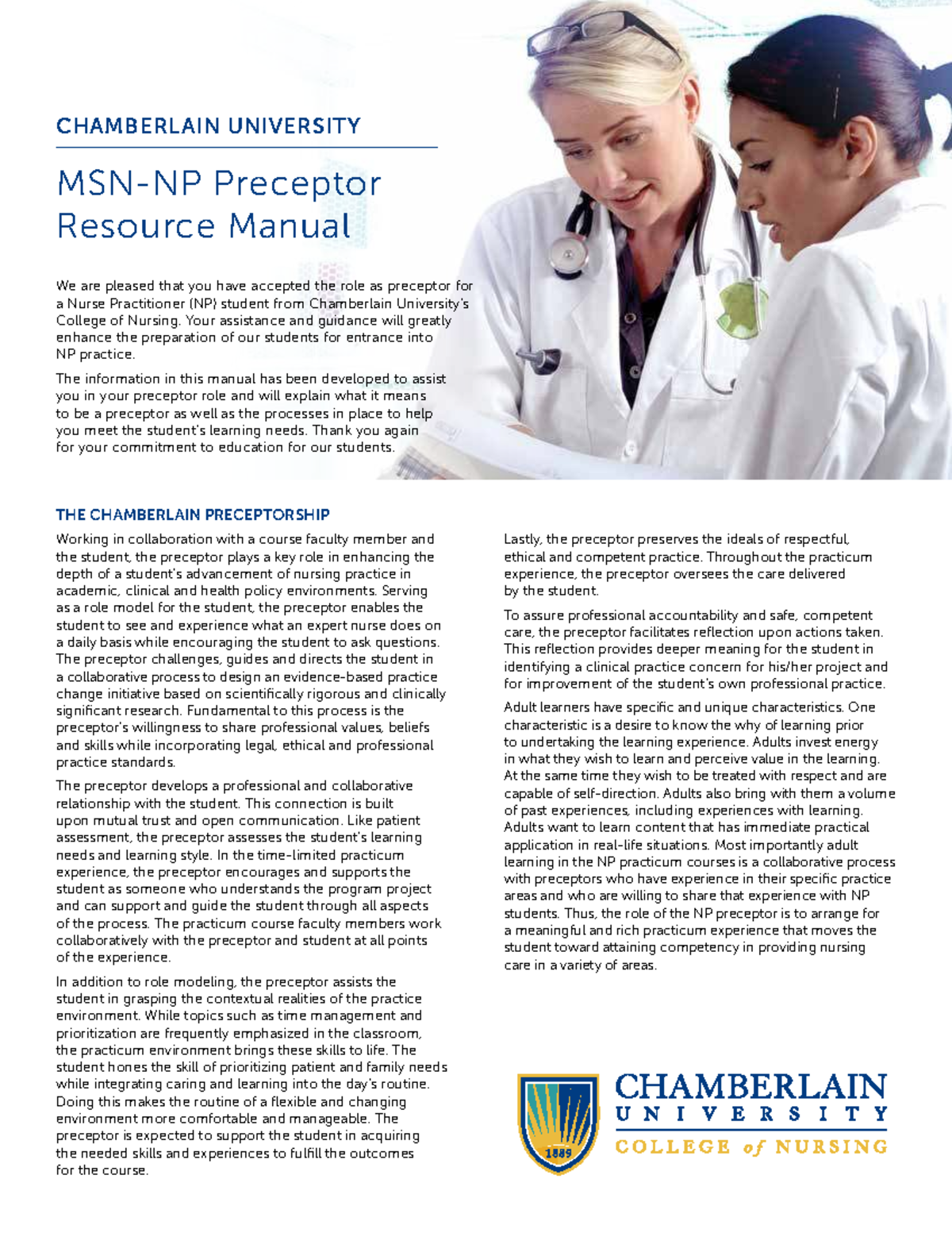Chamberlain University MSN NP Preceptor Resource Manual - Studocu