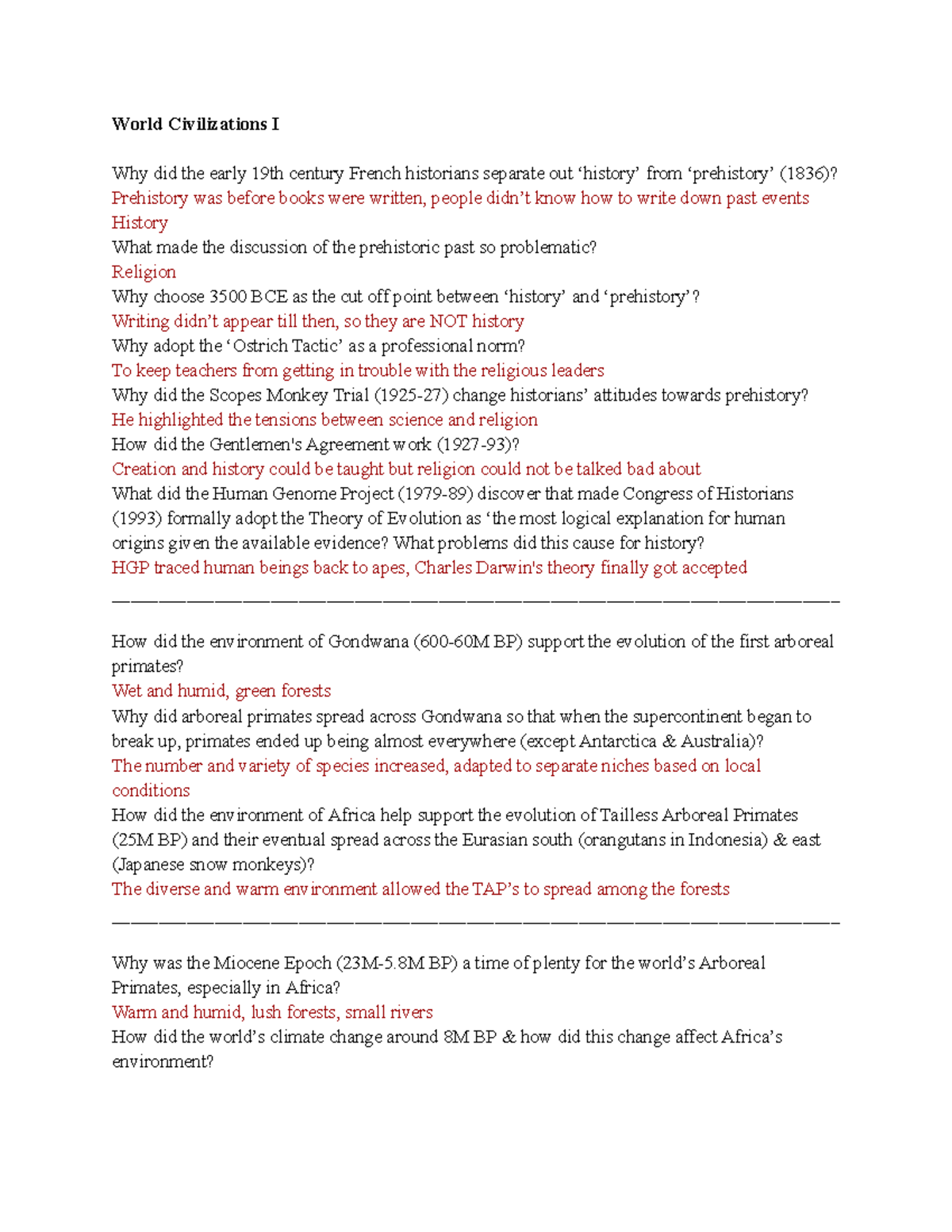 World Civilizations I Exam 1 Review Notes: Evolution and Prehistory ...