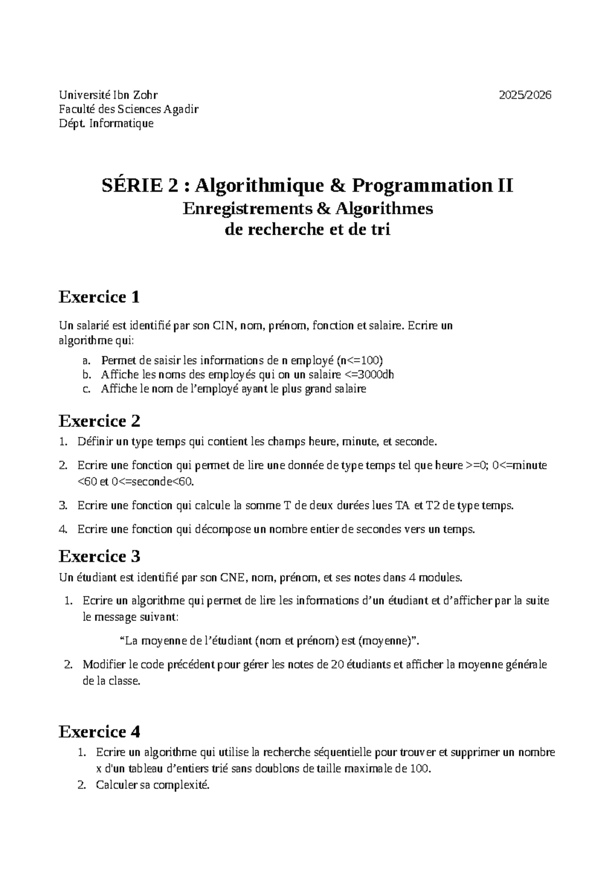Série 2 TP - Algorithmique et Langage C: Exercices Pratiques - Studocu