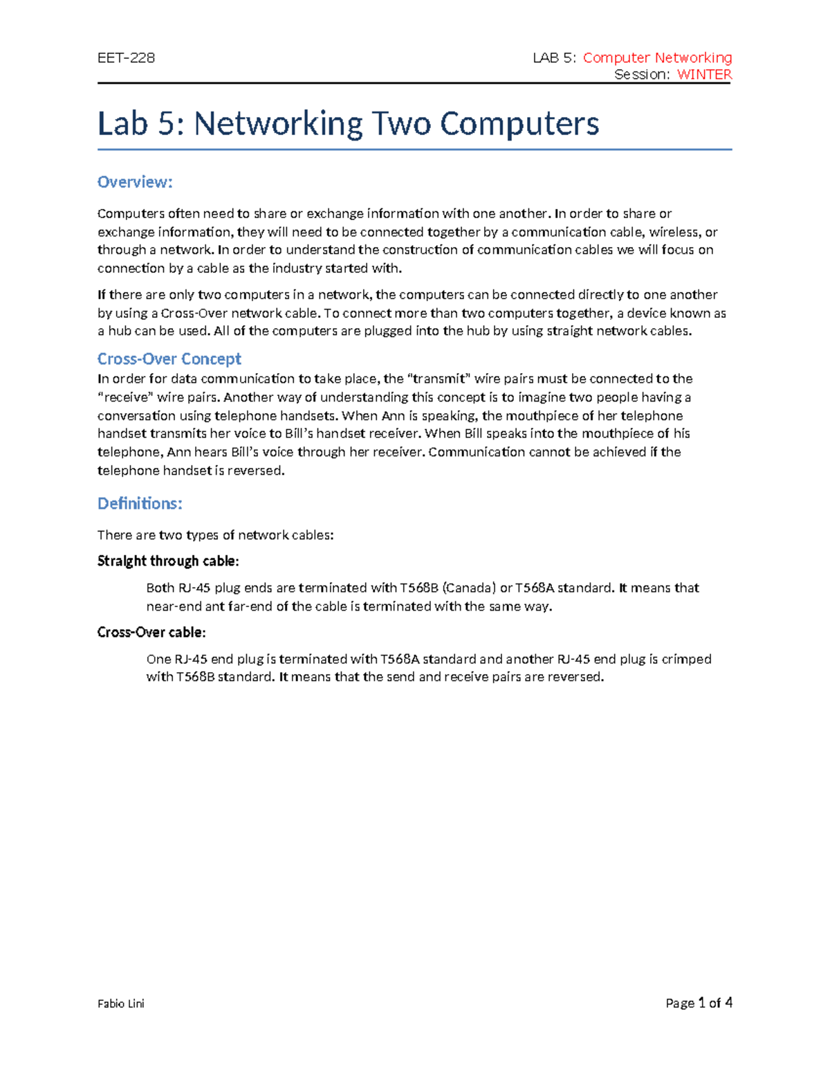 EET 228 Lab 5: Connecting Two Computers for Networking - Studocu