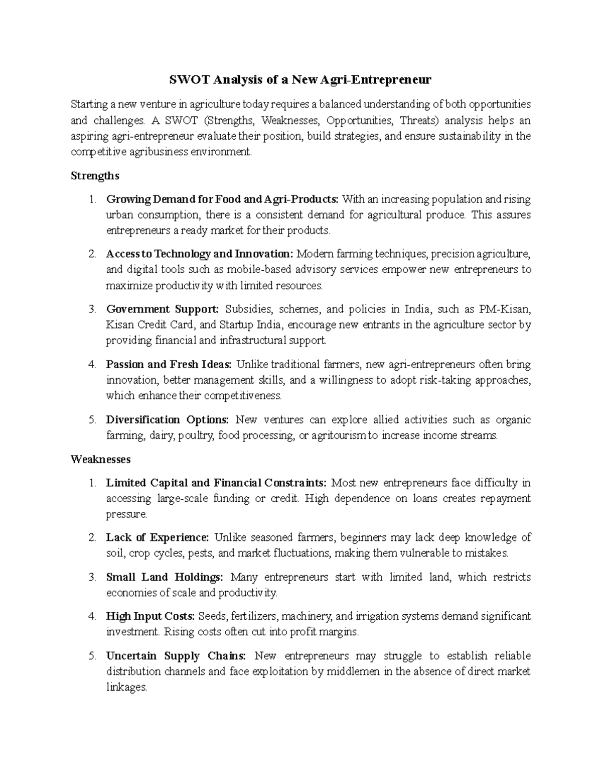 SWOT Analysis of New Ventures in Agriculture: Opportunities ...