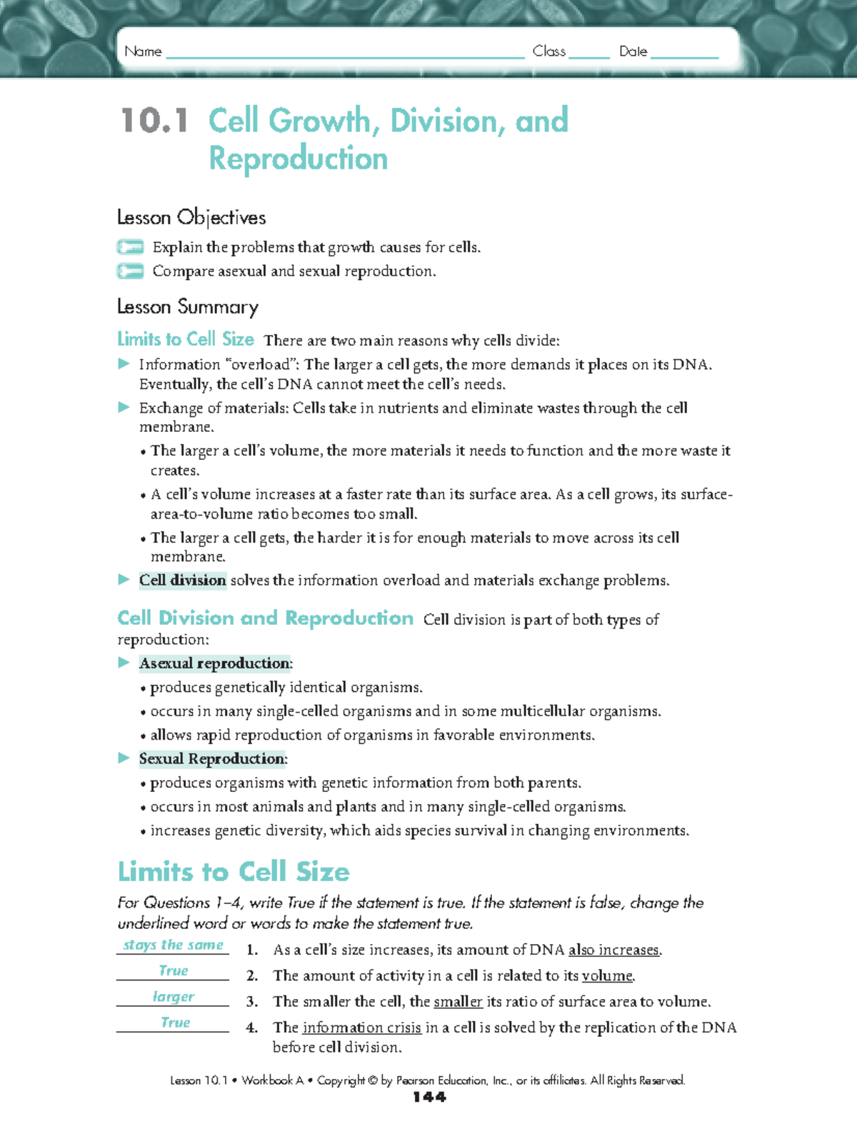 101 cell growth division and reproduction - Lesson 10 • Workbook A ...