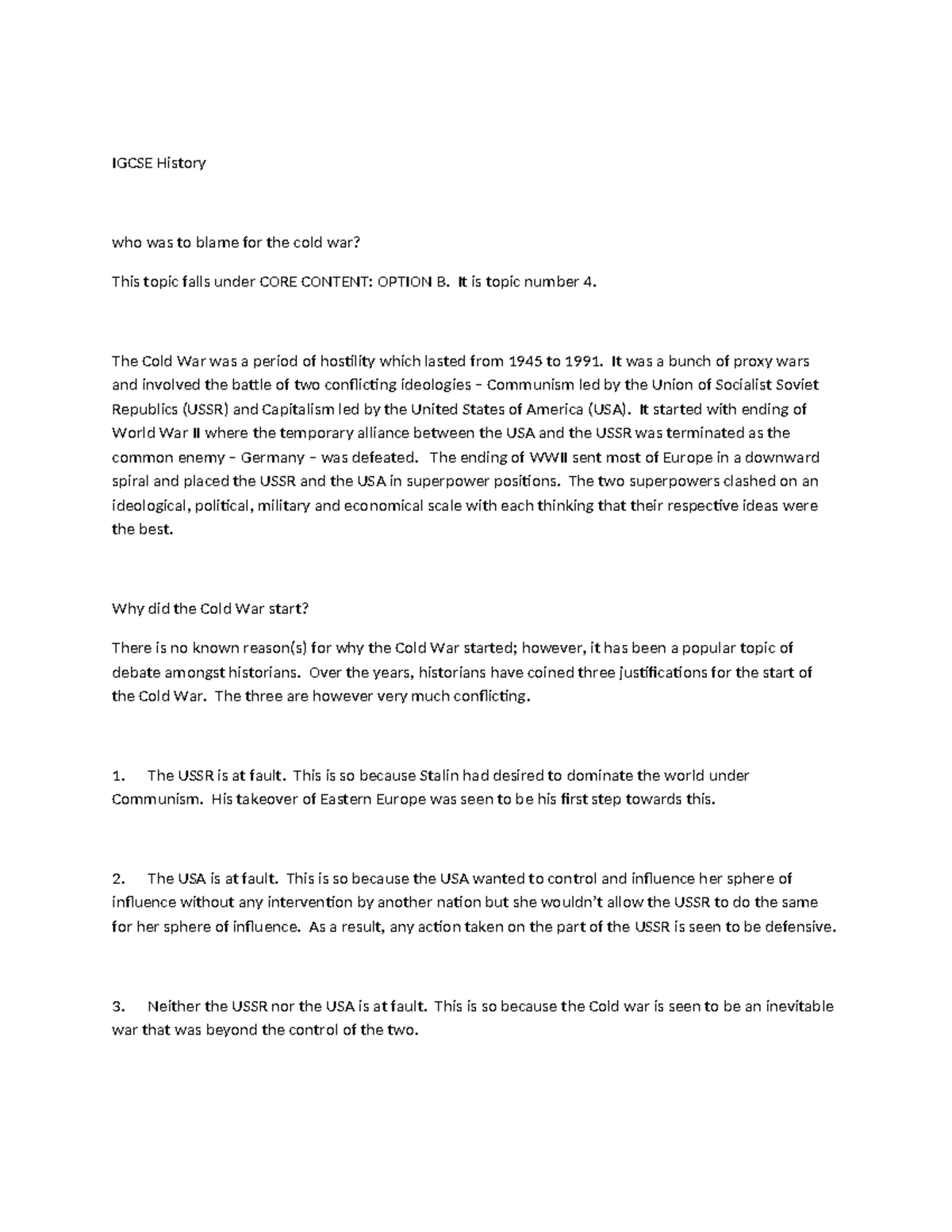 IGCSE History: Who Was to Blame for the Cold War? (Core Content: Option ...