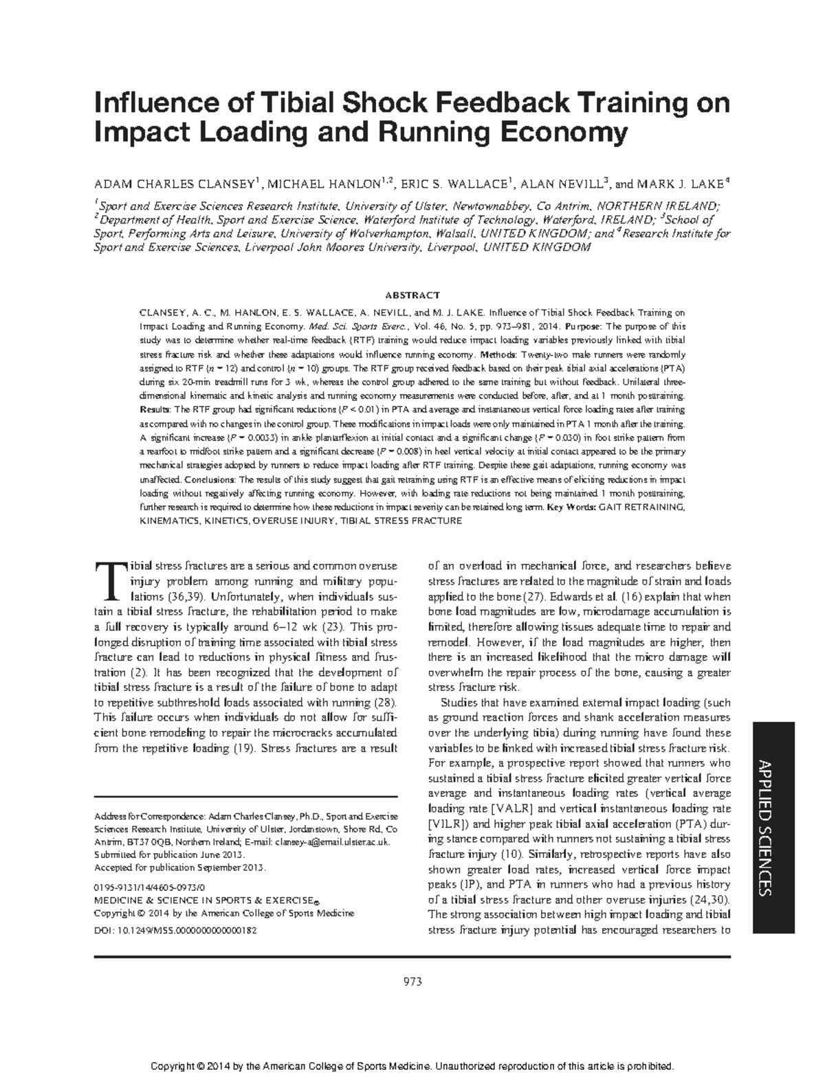 Influence of Tibial Shock Feedback Training on Impact Loading and ...