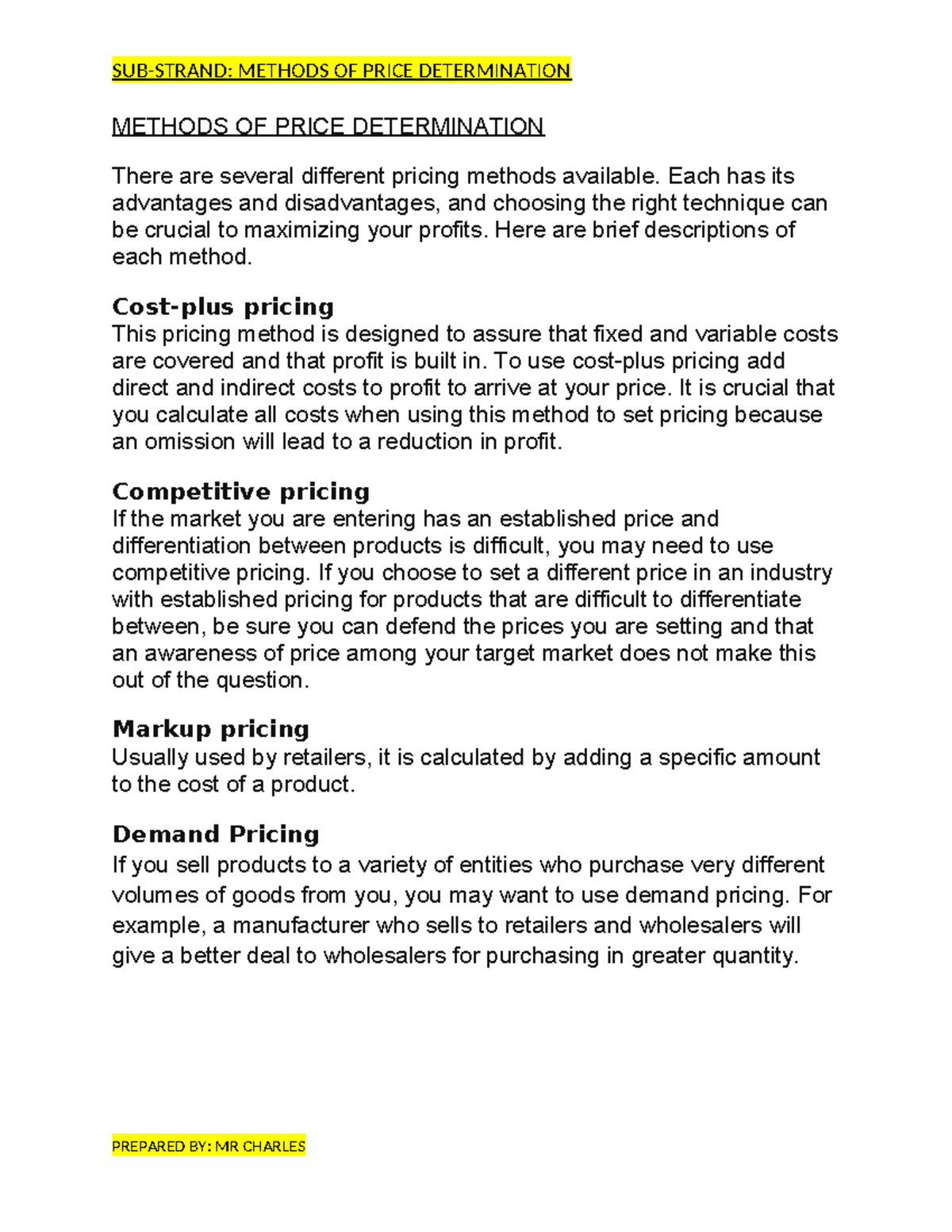 Methods of Price Determination: Key Concepts and Analysis - Studocu