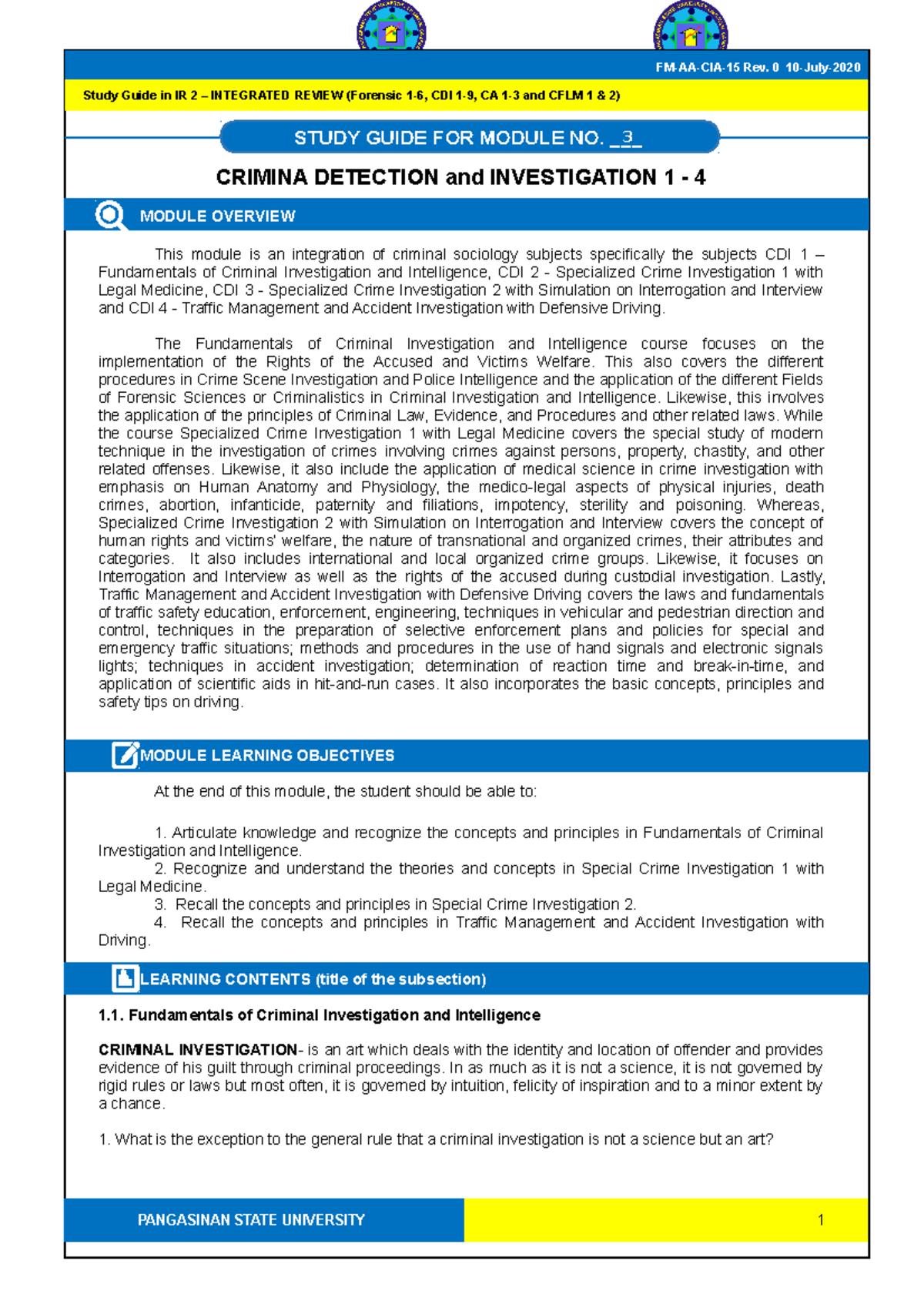 SG 3 Module 3-IR 2 - notes only - 3 CRIMINA DETECTION and INVESTIGATION ...