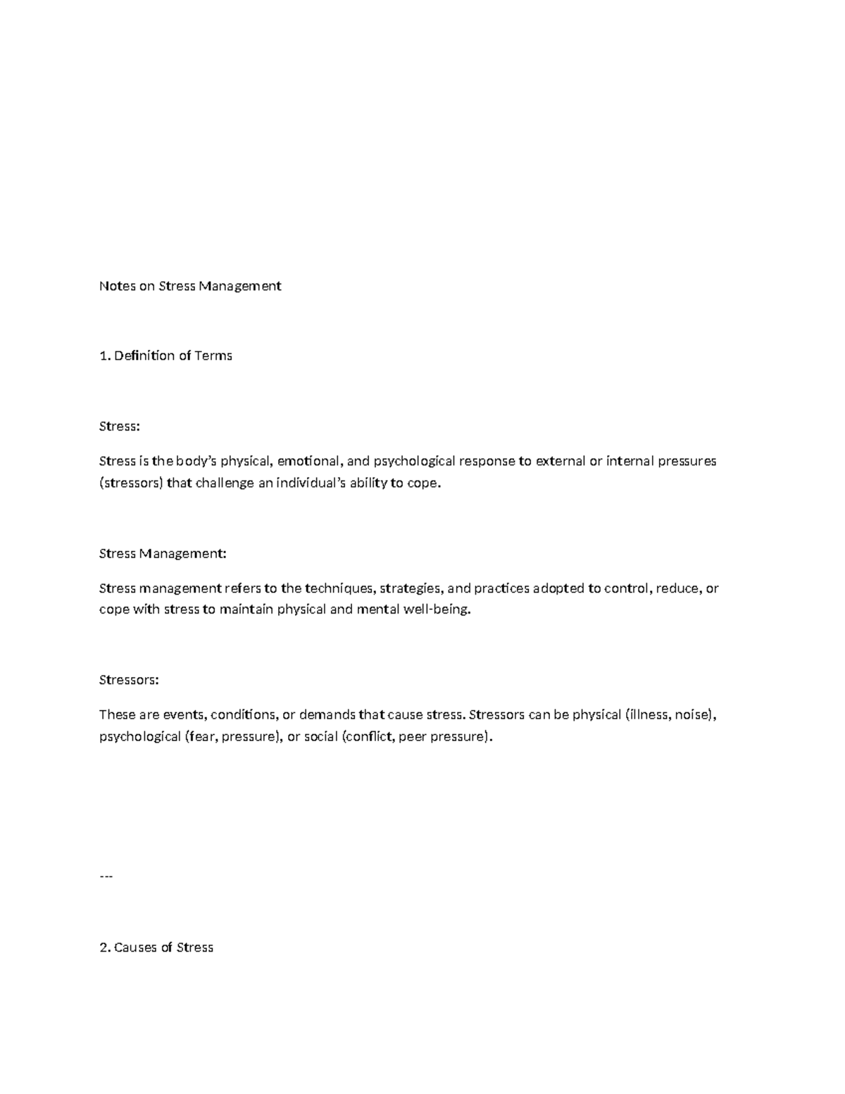 Stress Management Notes: Understanding Causes & Effects - Studocu