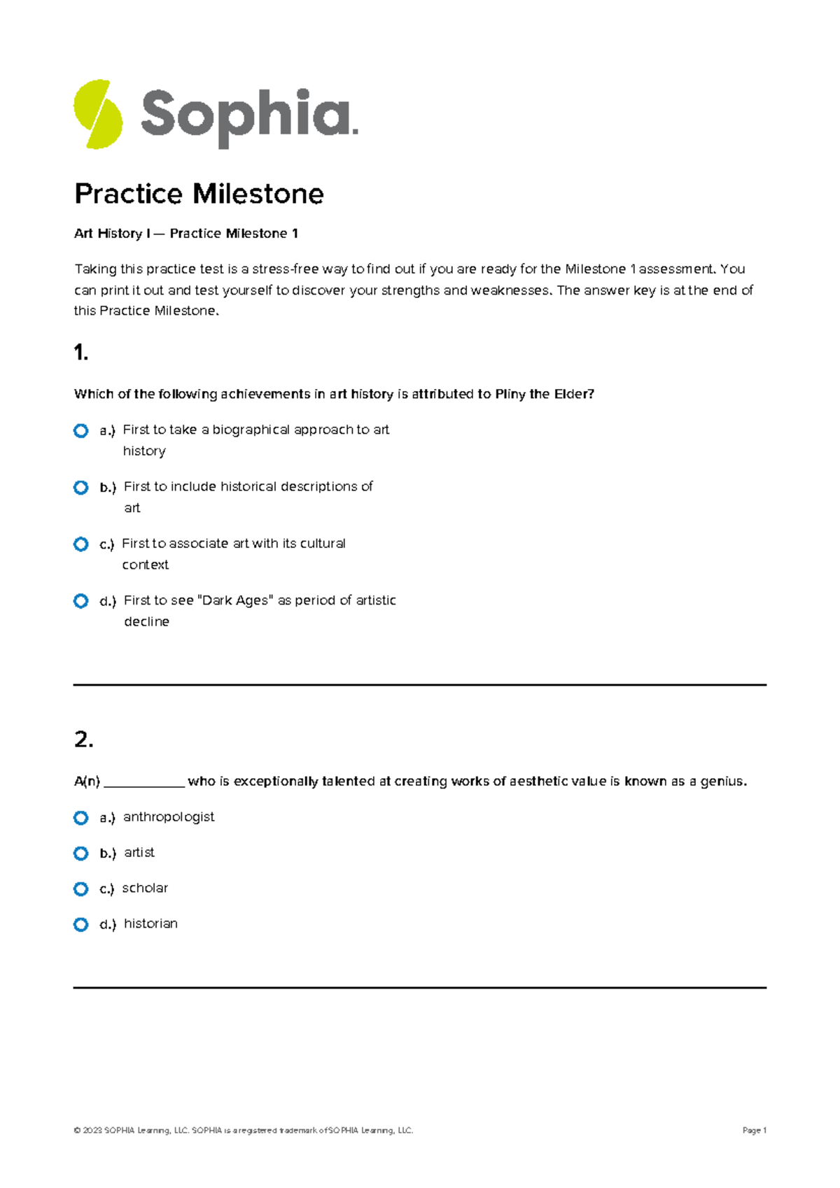 Art History I: Unit 1 Practice Questions & Answers - Milestone 1 - Studocu