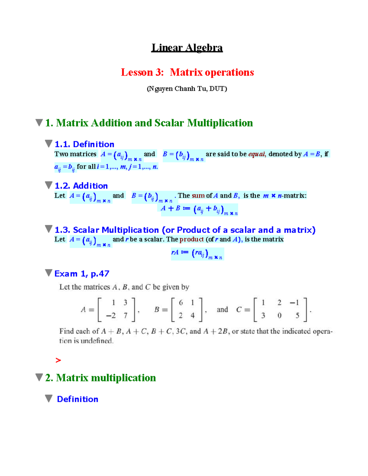Linear Algebra Lesson 3: Matrix Operations (DUT) - Studocu