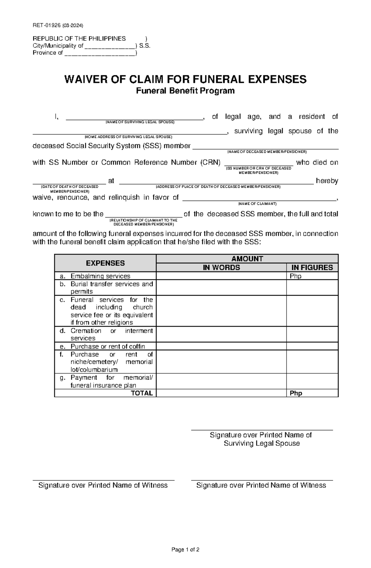RET-01926 - WAIVER OF CLAIM FOR FUNERAL EXPENSES NOTES - Studocu