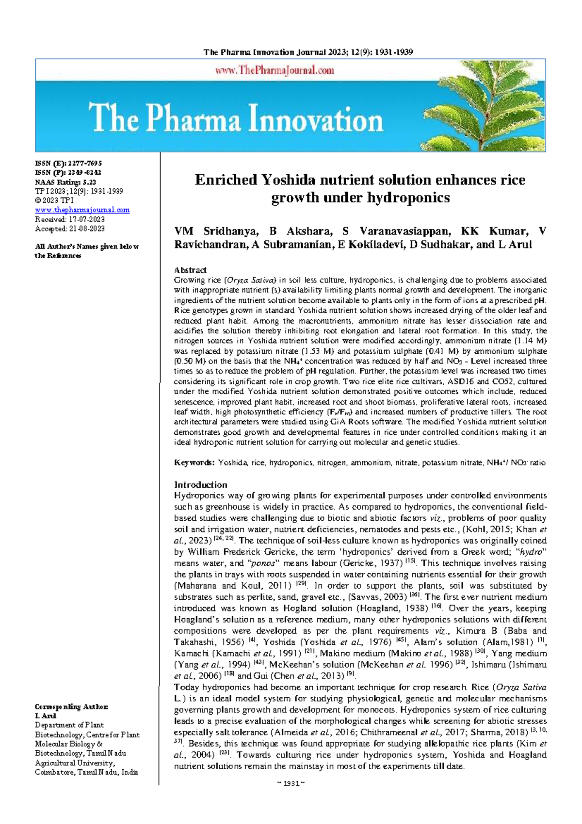 Modified Yoshida Nutrient Solution for Enhanced Rice Growth in ...