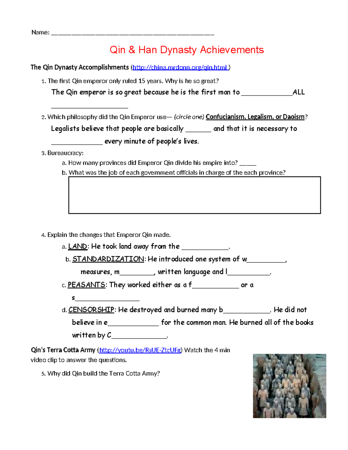 Qin and Han Dynasties Achievements Webquest (History 101) - Studocu