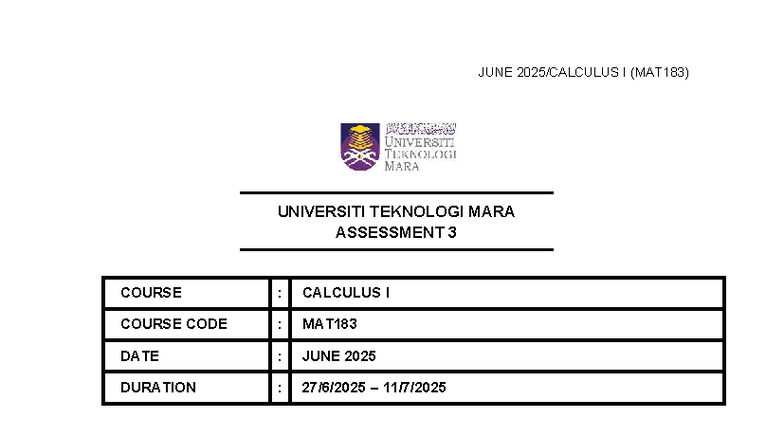 Assessment 3 MAT183: Calculus I June 2025 - Analytical & Maple Solutions - Studocu