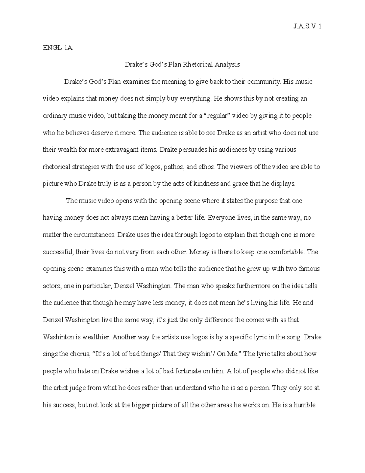 ENGL 1A: Rhetorical Analysis of Drake's Music Video "God's Plan" - Studocu