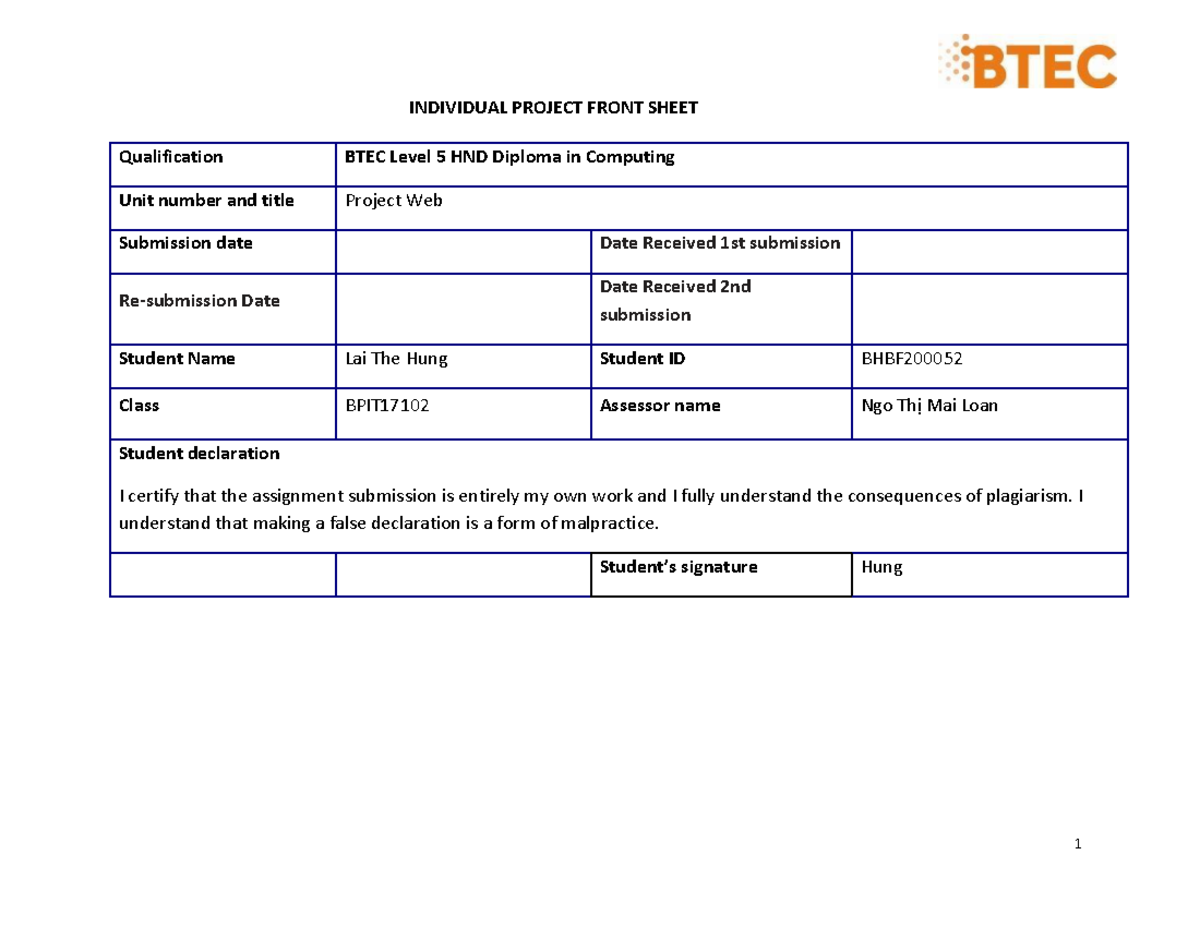 Individual Project Front Sheet - INDIVIDUAL PROJECT FRONT SHEET ...