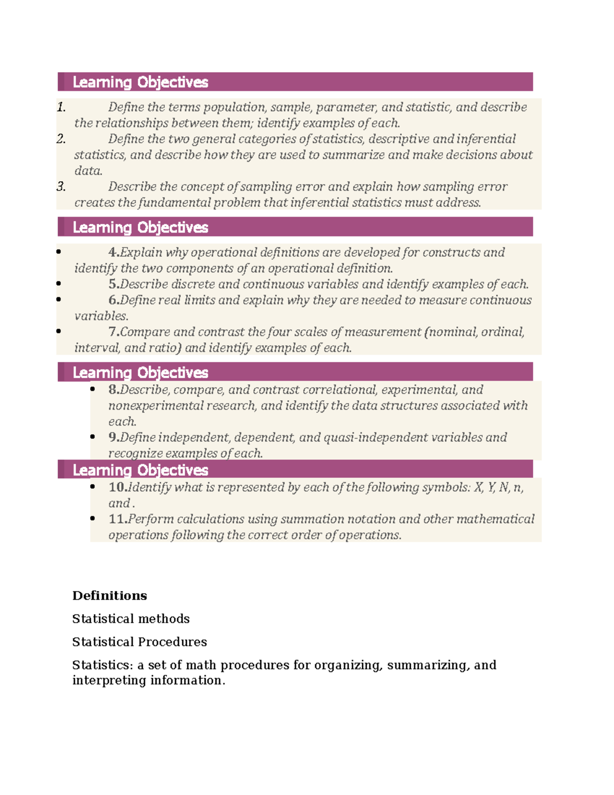 Chapter 1 - Learning Objectives 1. Define the terms population, sample ...