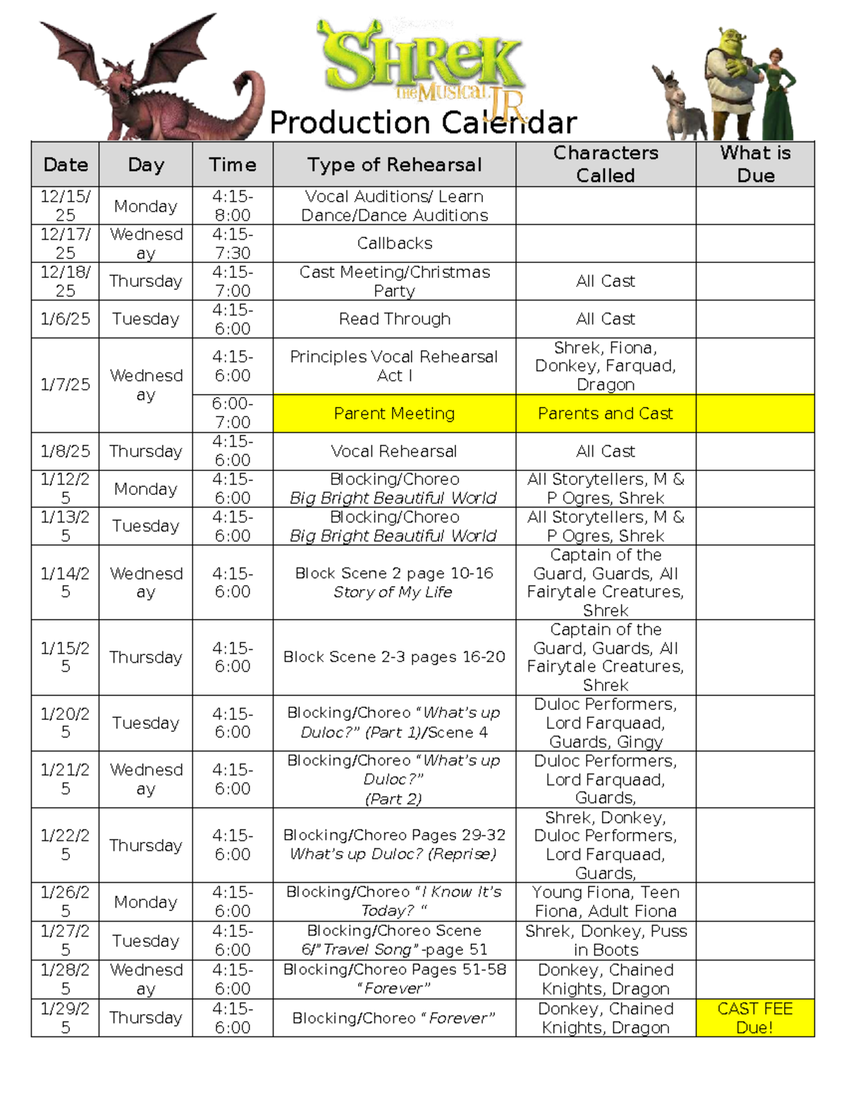 Shrek Production Calendar: Rehearsal Schedule & Details - Studocu
