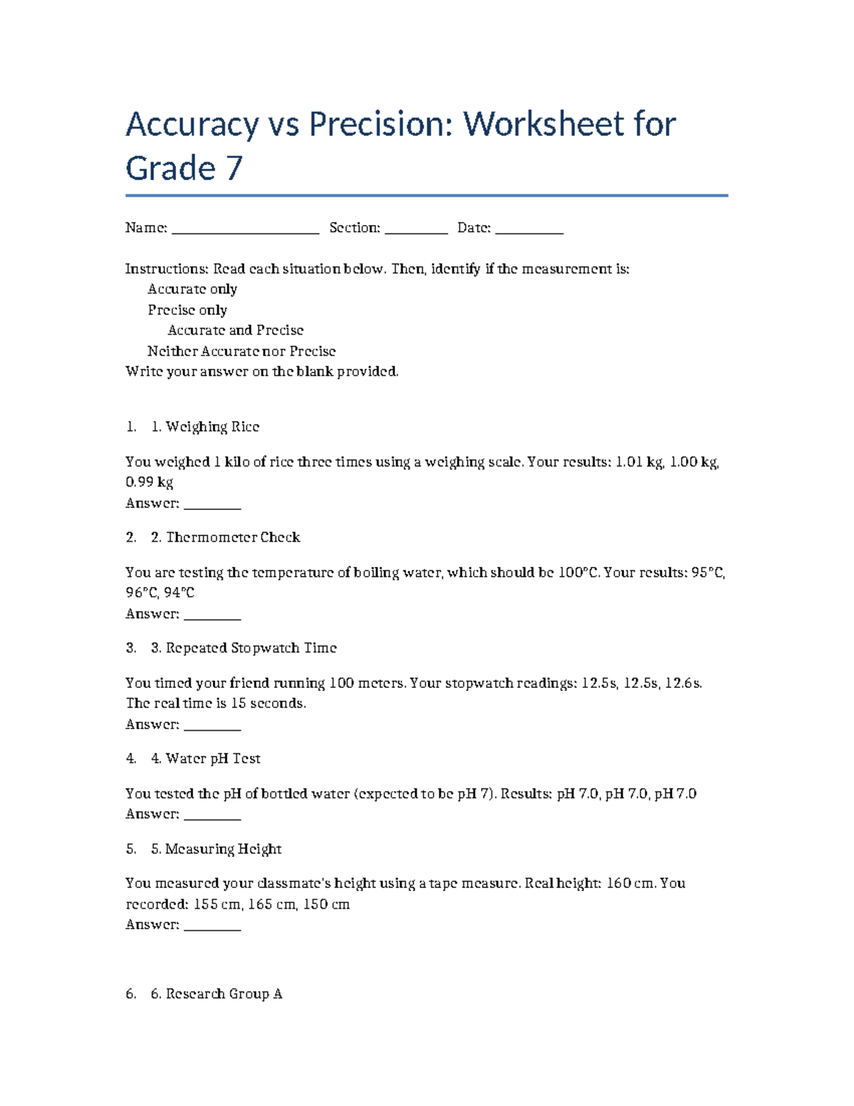 Accuracy vs Precision Worksheet for Grade 7 Students - Studocu