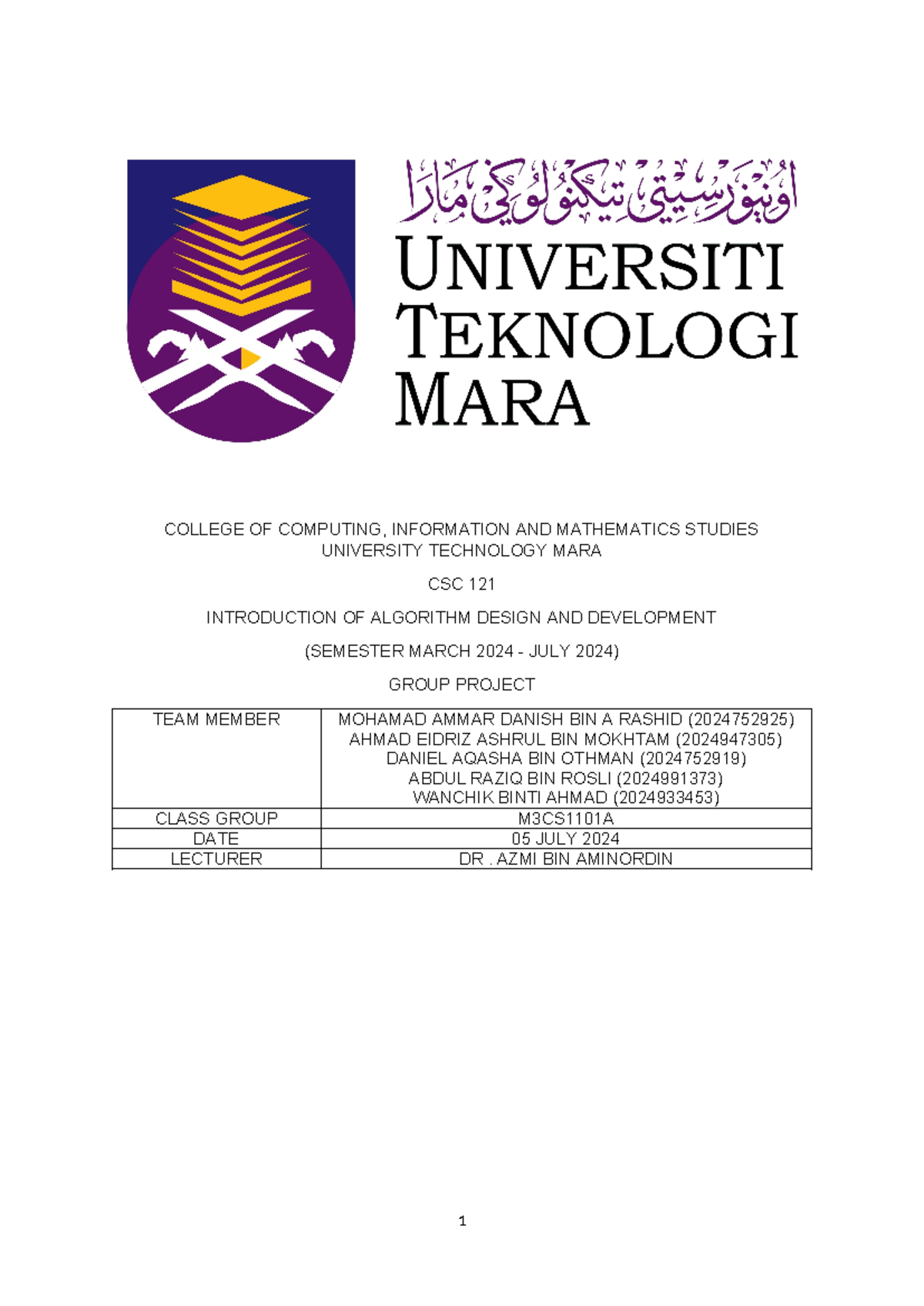 CSC121 Group Project Report: Algorithm Design & Development - Studocu