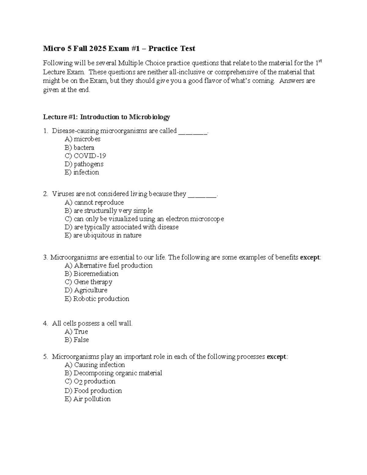 Micro 5 Fall 2025 Lecture Exam 1 Practice Questions - Studocu