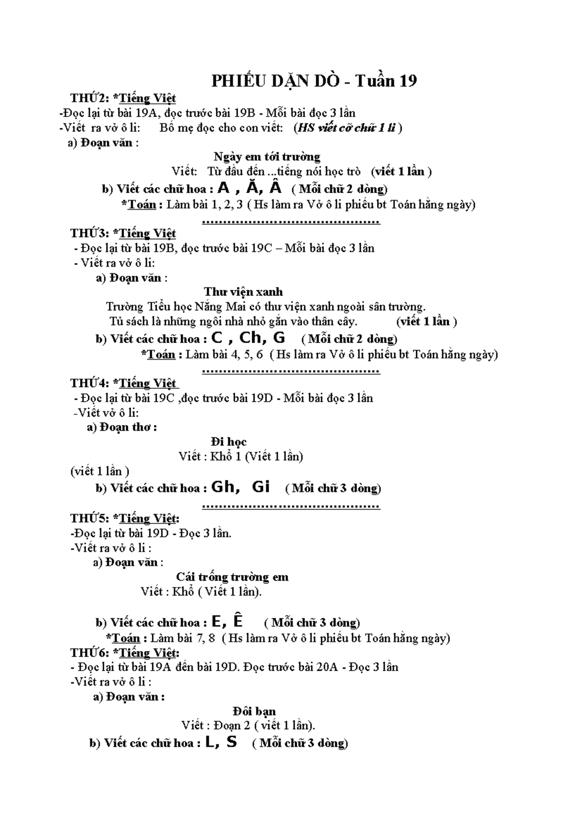 PHIẾU DẶN DÒ TUẦN 19: Ôn Tập Bài 19A đến 19D - Studocu