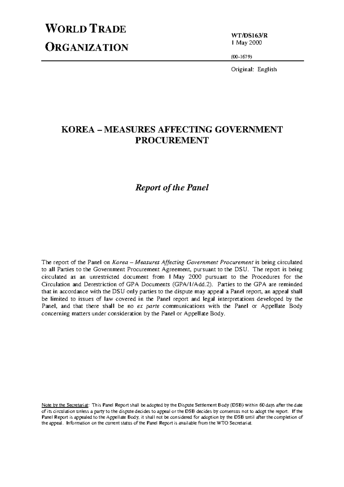 WTO DS163 Panel Report: Korea's Government Procurement Measures - Studocu