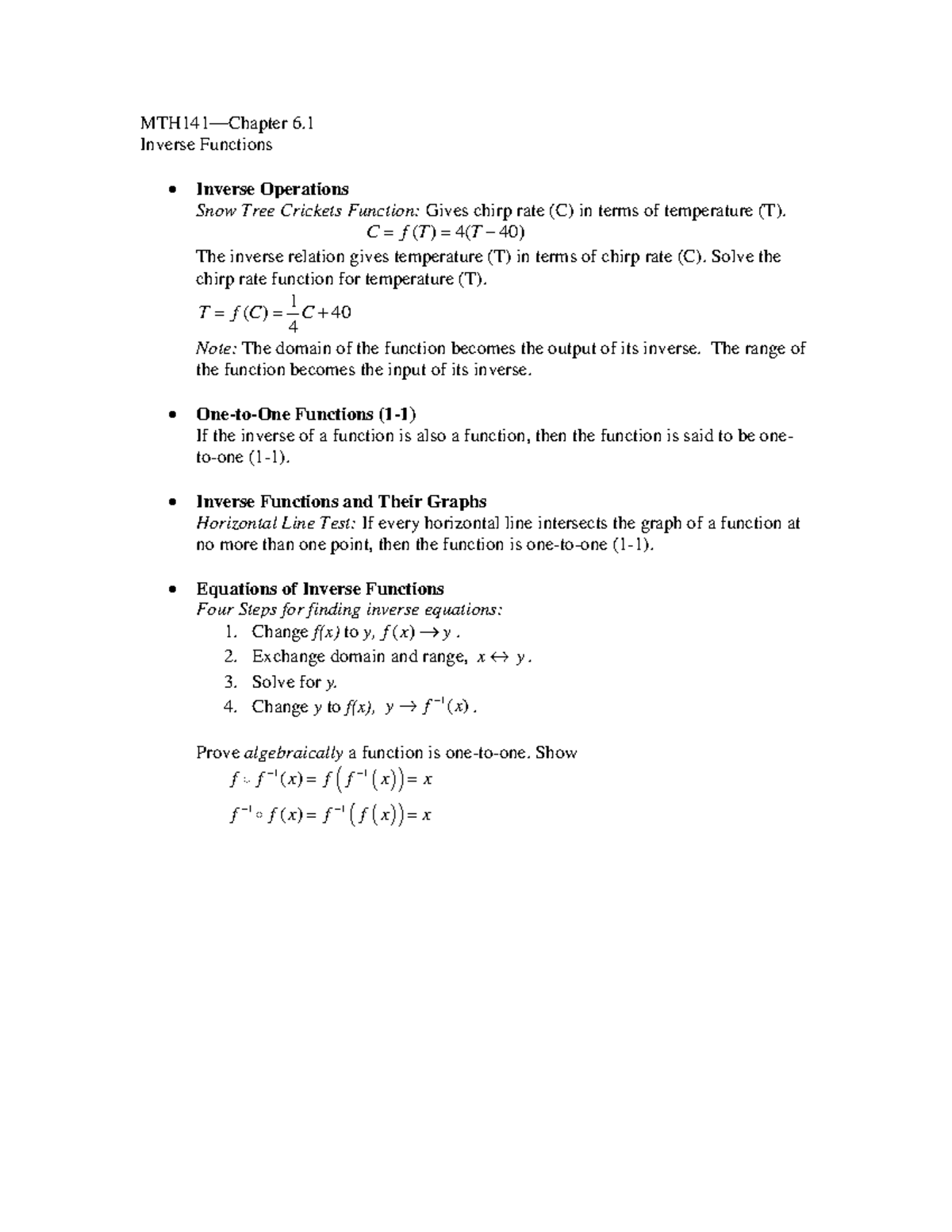 MTH141 Chapter 6.1 Notes - Inverse Functions & One-to-One Relations ...
