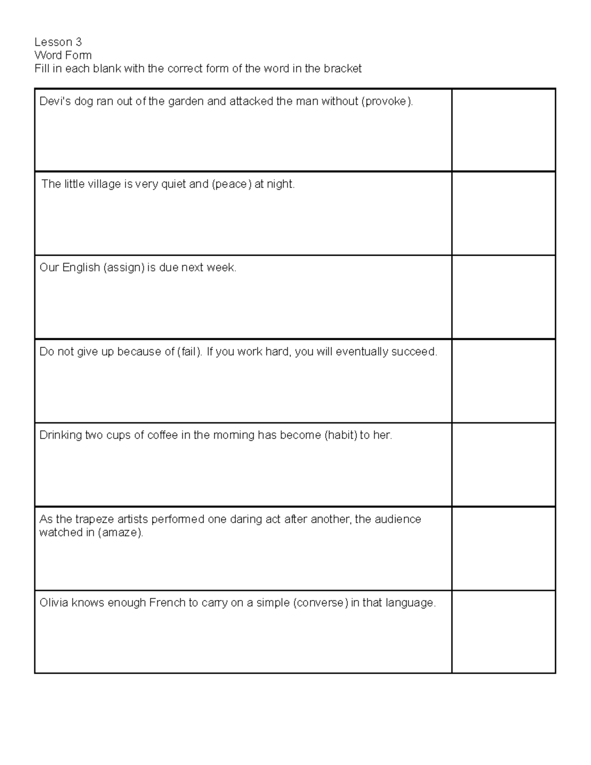 Lesson 3 - EXERCISE - Lesson 3 Word Form Fill in each blank with the ...