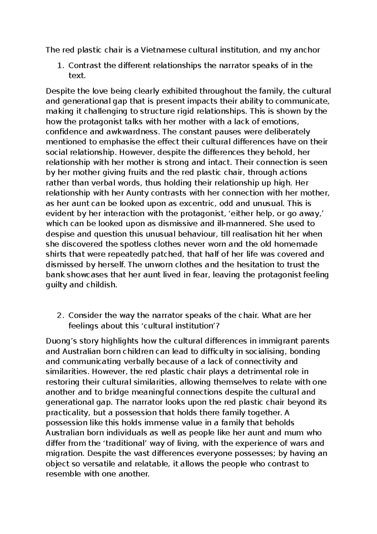 Cultural Connections: Analysis of "The Red Plastic Chair" Essay - Studocu