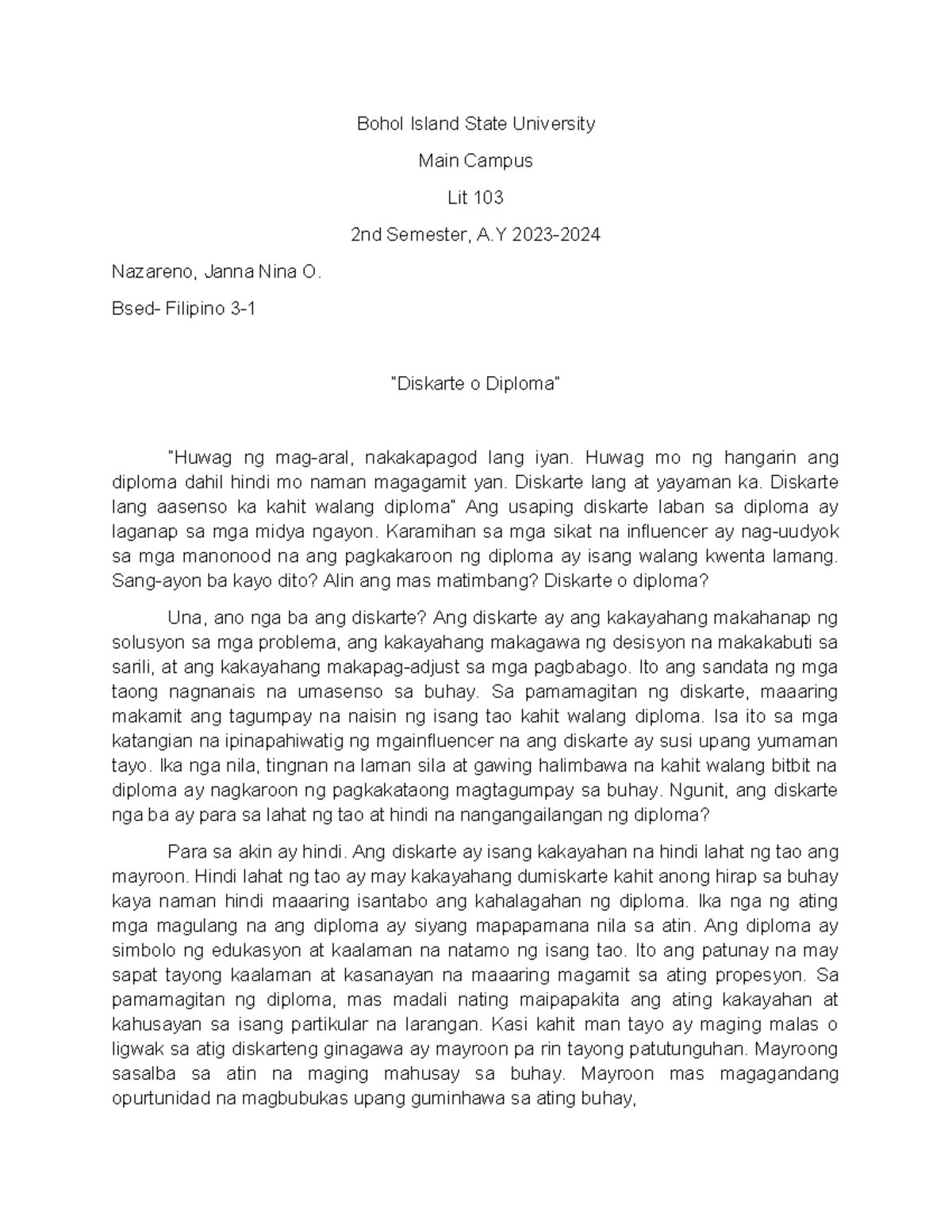 Diskarte vs. Diploma: Isang Talumpati para sa Lit 103 A.Y 2023 - Studocu