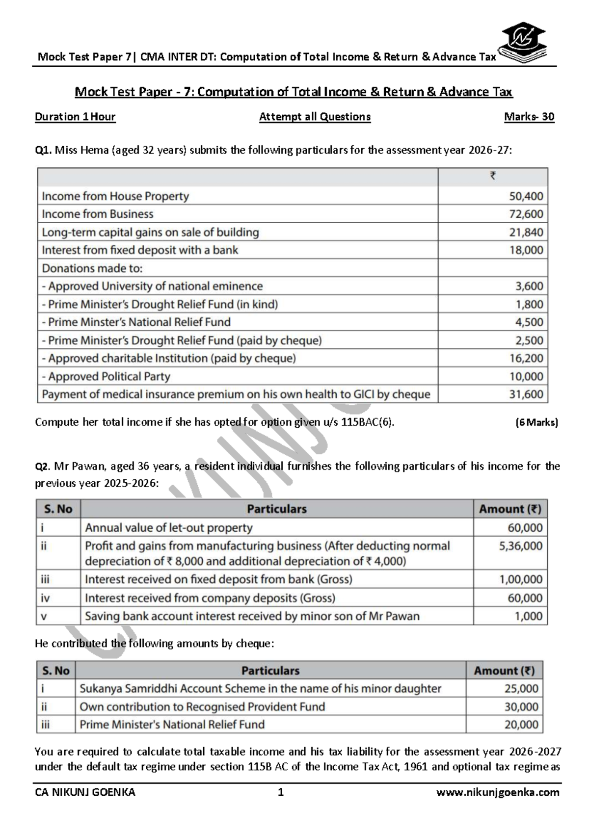 CMA INTER DT: Mock Test Paper 7 on Total Income & Advance Tax - Studocu