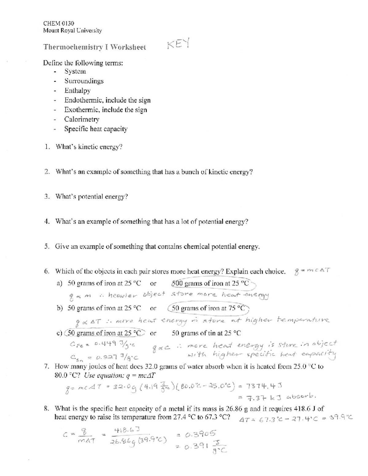 Thermochemistry I Worksheet KEY - Chem 0130 -463 kJ/mol - Studocu