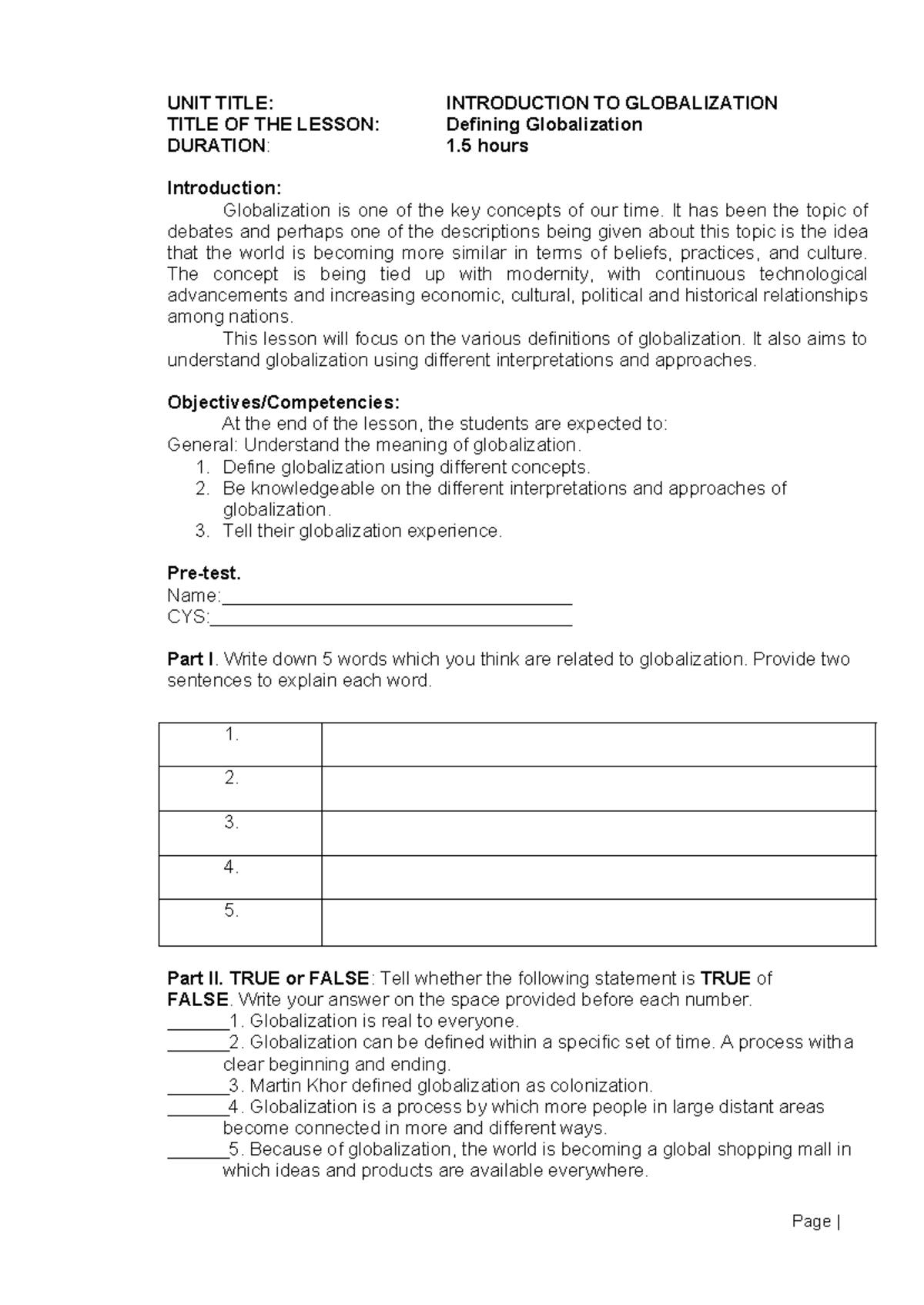Unit 1 - Lesson 1: Understanding Globalization Concepts and Definitions ...