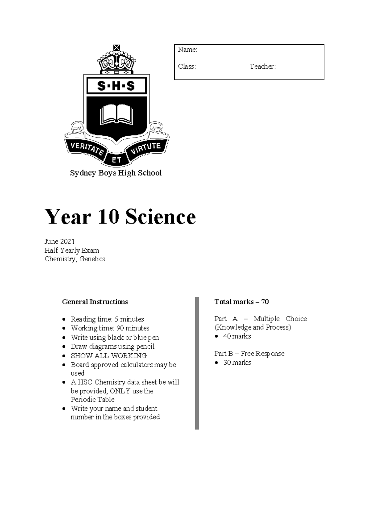 Year 10 Science Half Yearly Exam - Chemistry & Genetics - Studocu