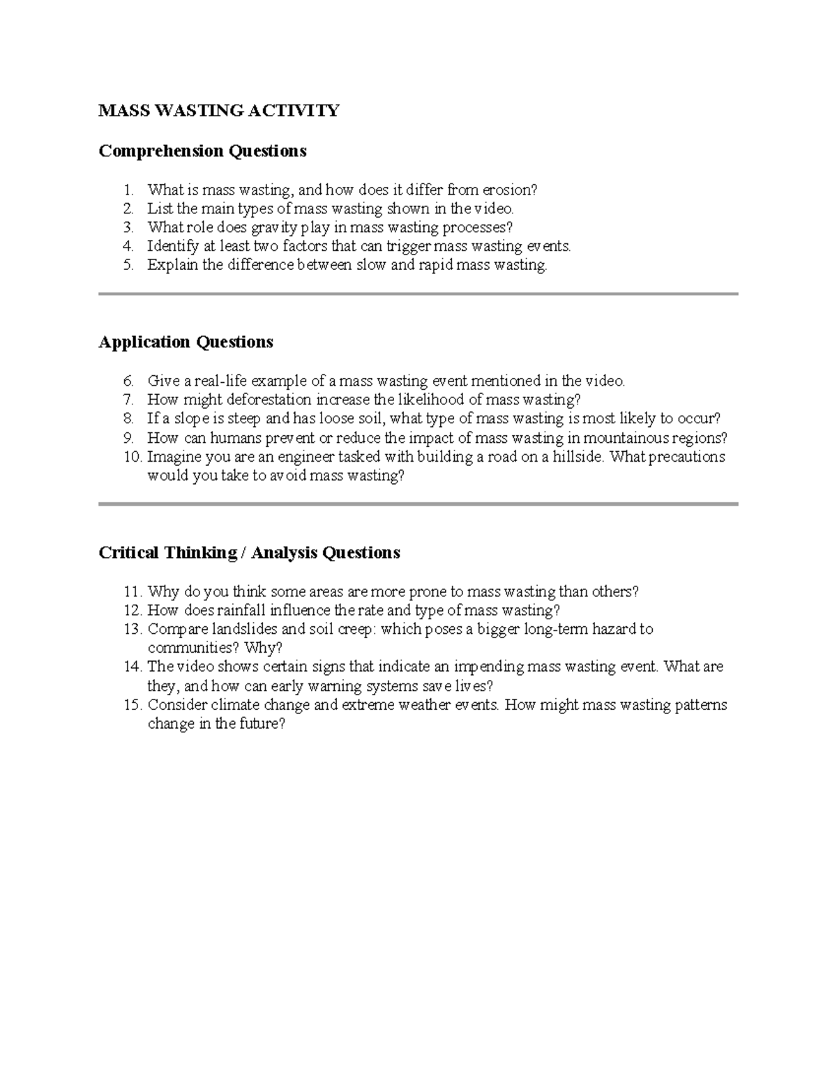MASS WASTING ACTIVITY: Comprehension & Application Questions - Studocu