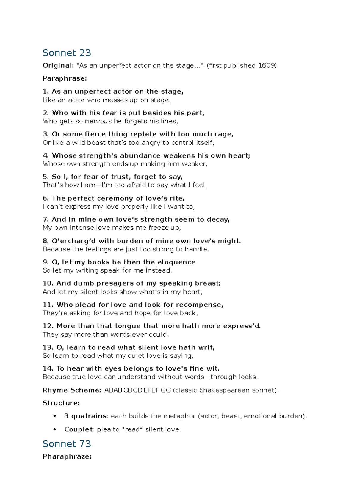 Sonnet Analysis and Paraphrase: Shakespeare's Works - Studocu