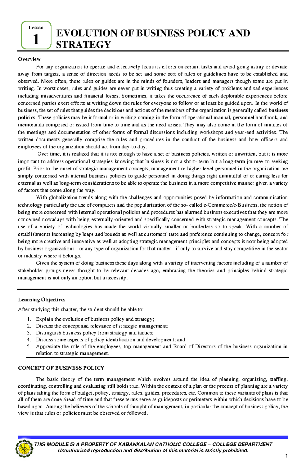 Strategic Management Module 1 - THIS MODULE IS A PROPERTY OF KABANKALAN CATHOLIC COLLEGE ...