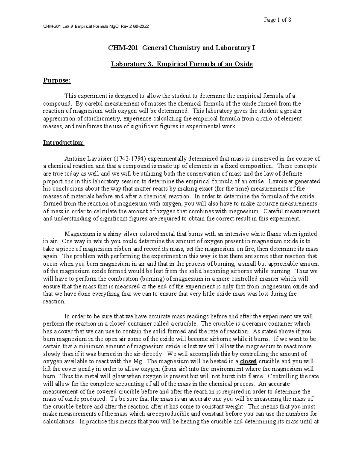 Lab 3: Empirical Formula of MgO - General Chemistry I - Studocu