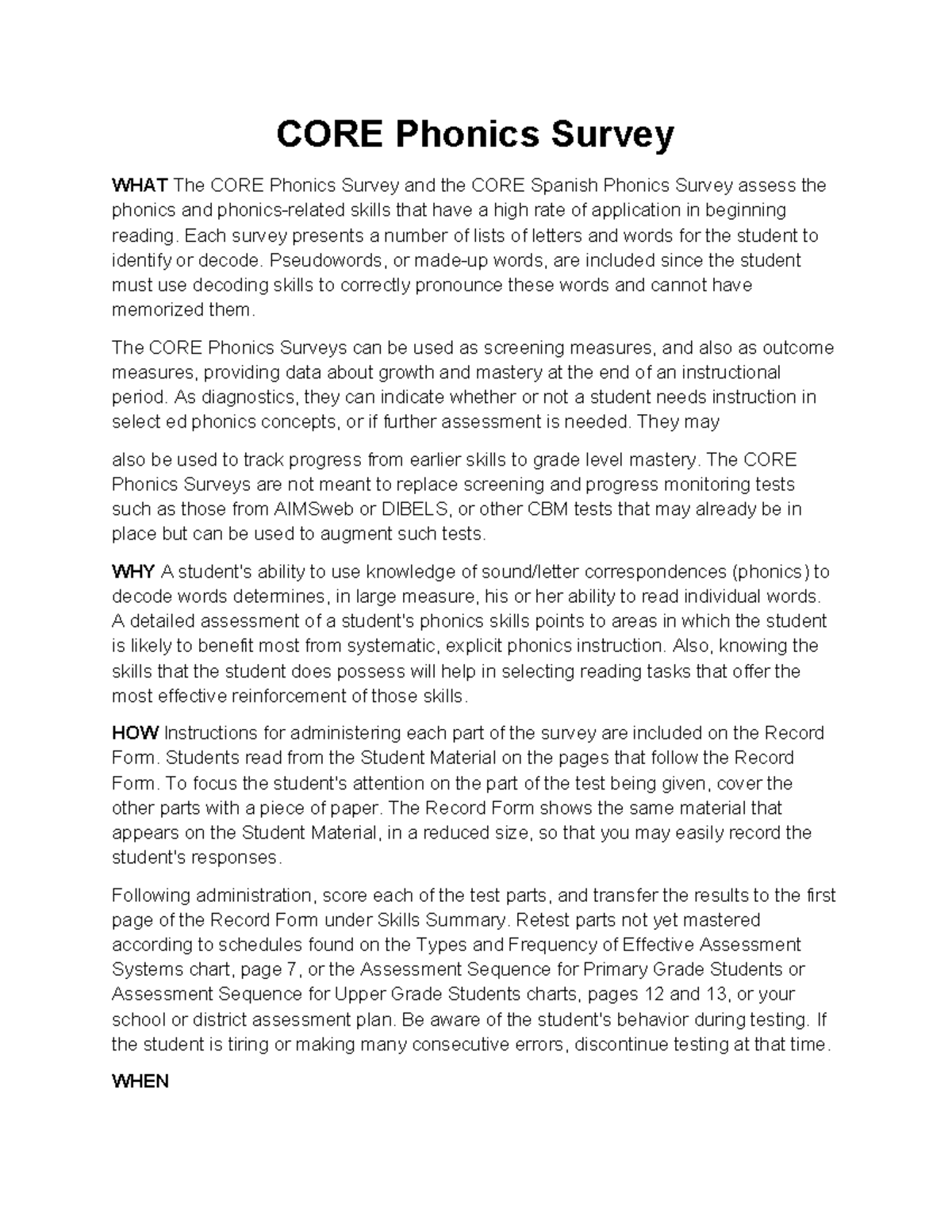 CORE Phonics Survey: Assessment of Phonics Skills for Reading - Studocu