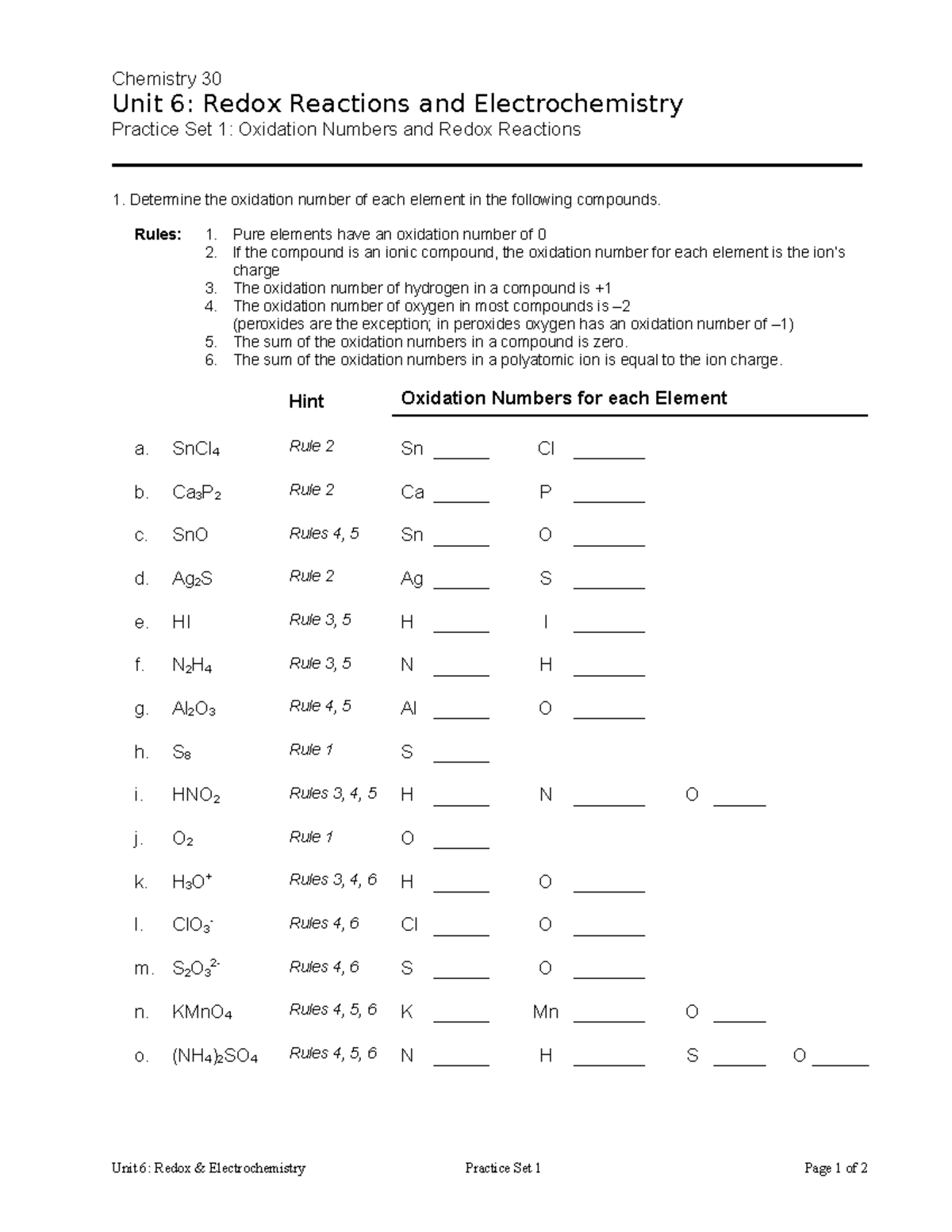 Chemistry 30 Unit 6: Redox Reactions Practice Set 1 - Oxidation Numbers ...