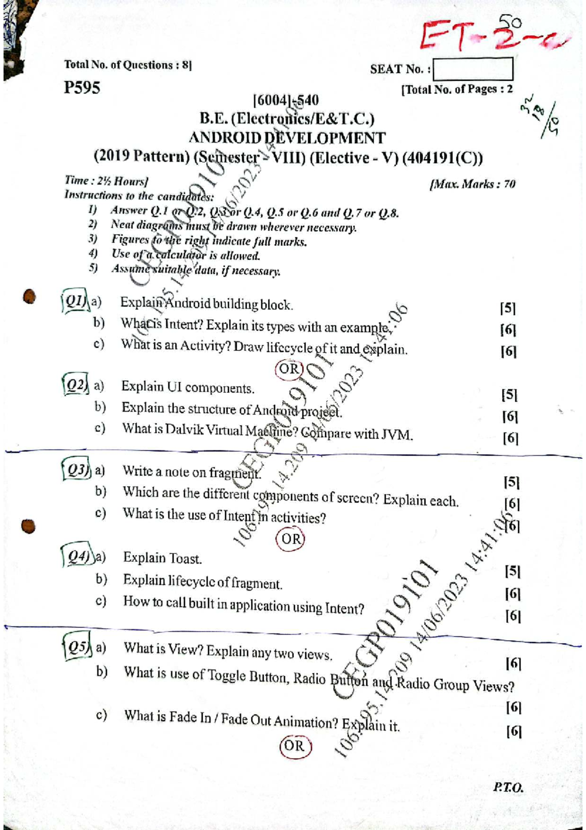 B.E. ANDROID DEVELOPMENT (404191(C)) Regular Endsem QP - 4th June 2023 ...