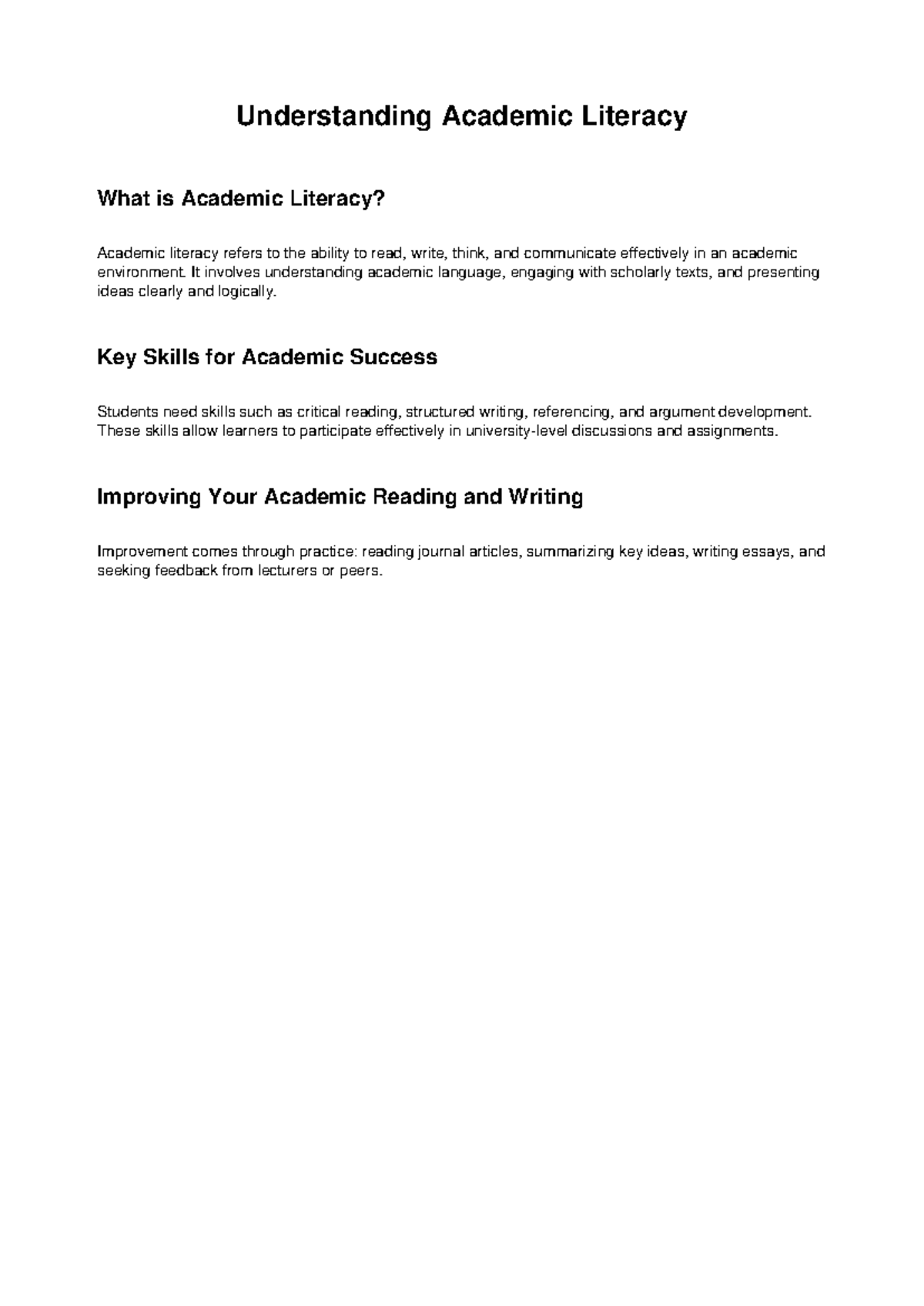 Academic Literacy Notes: Key Skills for Success in Academia - Studocu
